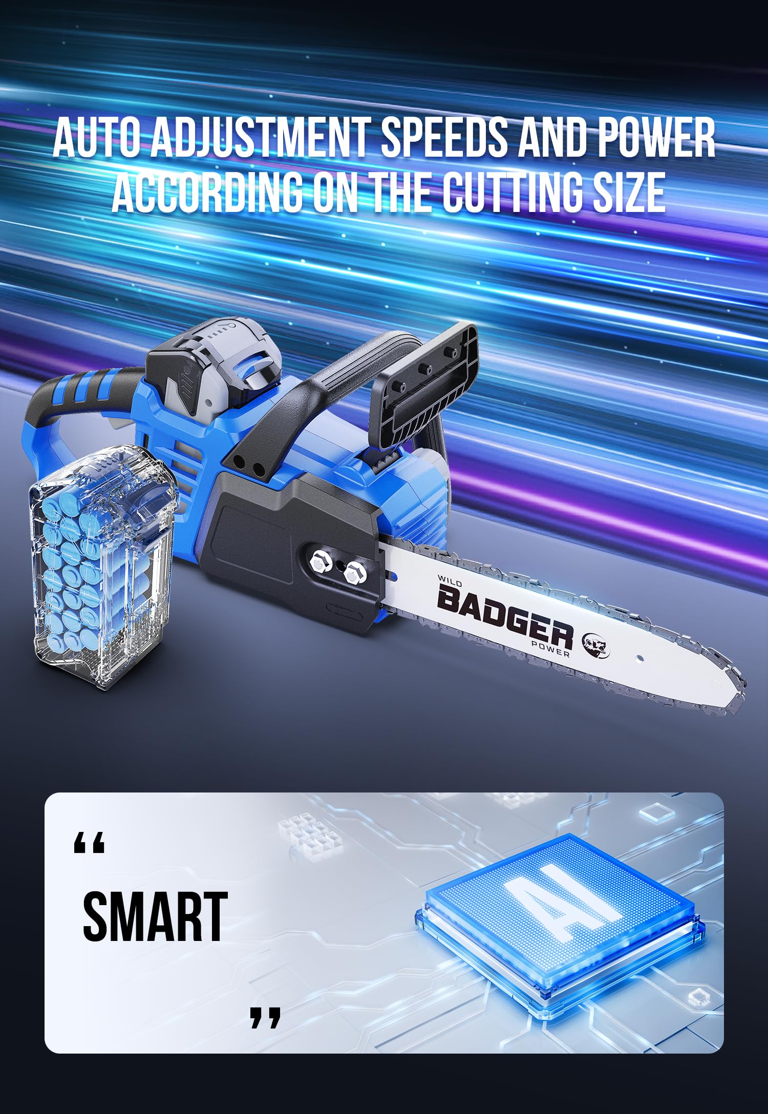 WILD BADGER POWER Electric Chainsaw Cordless 40V 16" Brushless, 4.0 Ah Battery and Charger, Smart Cut technology, Efficient cutting, Safe and Reliable, Great for Tree Felling, Storm Clean-Up, Pruning