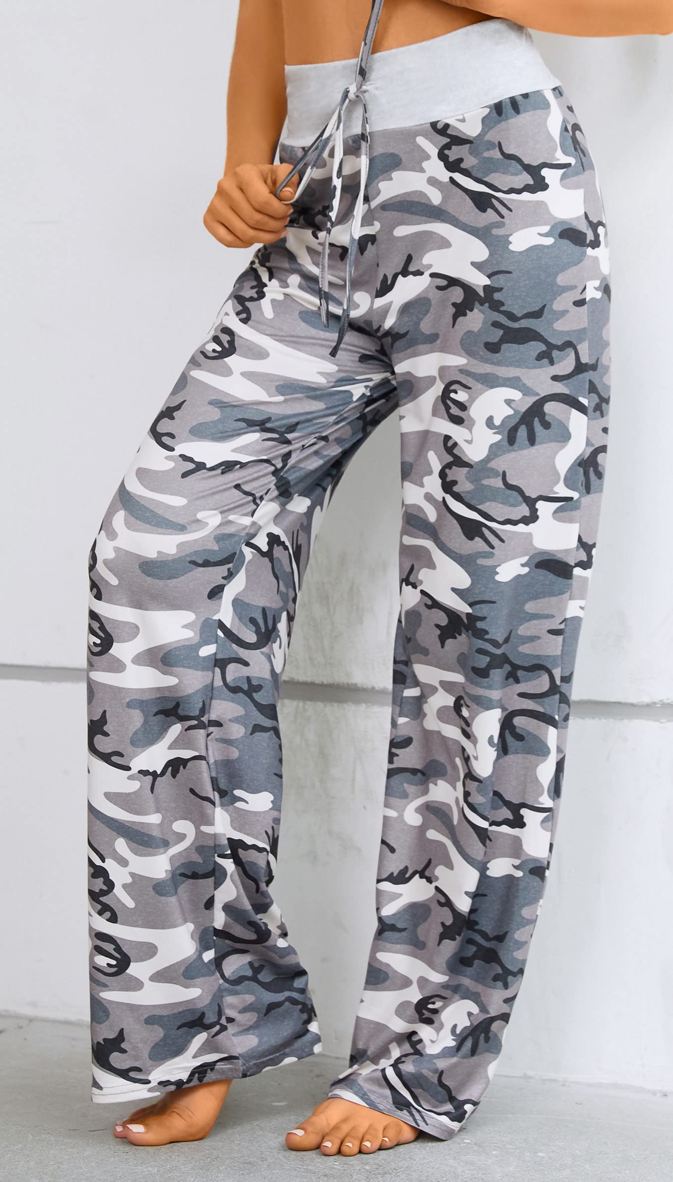 X-Image Women's Pajamas Comfy Pajama Lounge Pants Floral Print Drawstring Wide Leg Palazzo Pants Grey 5, Large