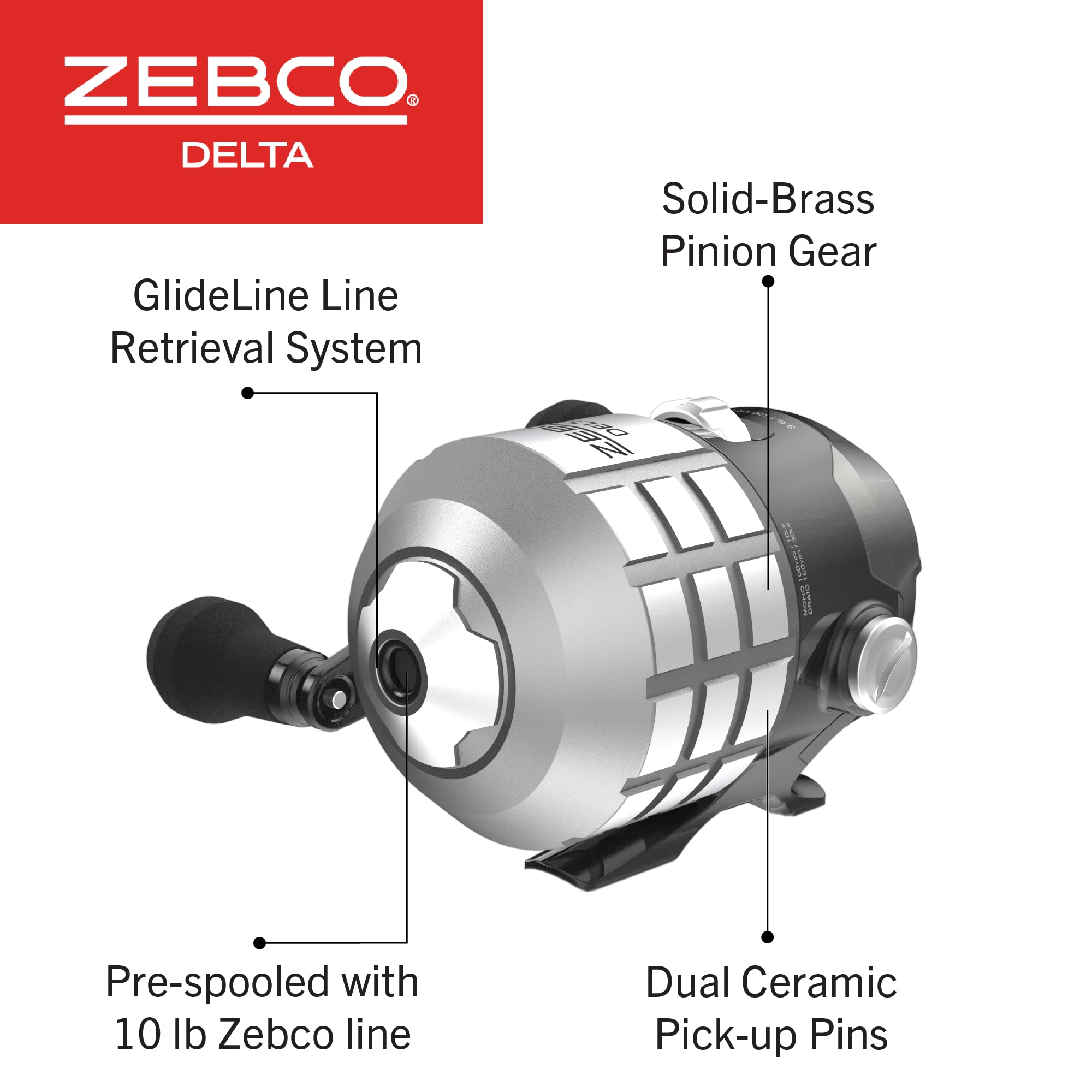 Zebco Delta Spincast Fishing Reel, Size 30 Reel, Changeable Right- or Left-Hand Retrieve, Dual Ceramic Pick-Up Pins, Pre-Spooled with 10-Pound Fishing Line, Braid Ready, Cool Gray