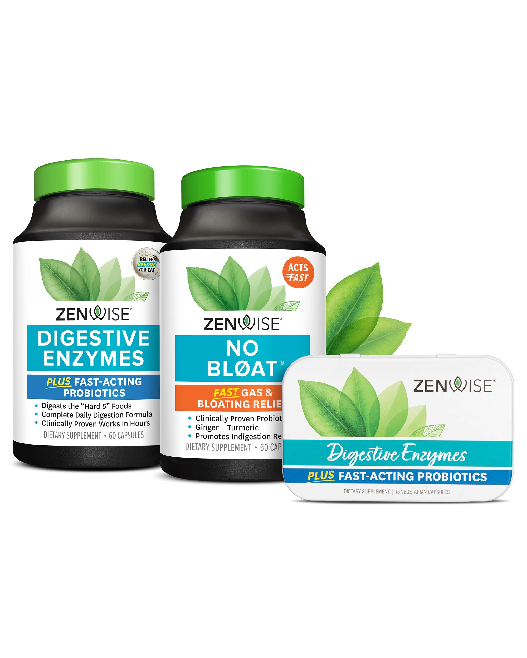 Zenwise Health Digestive Bliss Bundle - Digestive Enzymes, NO BLØAT, and Travel Size Tin