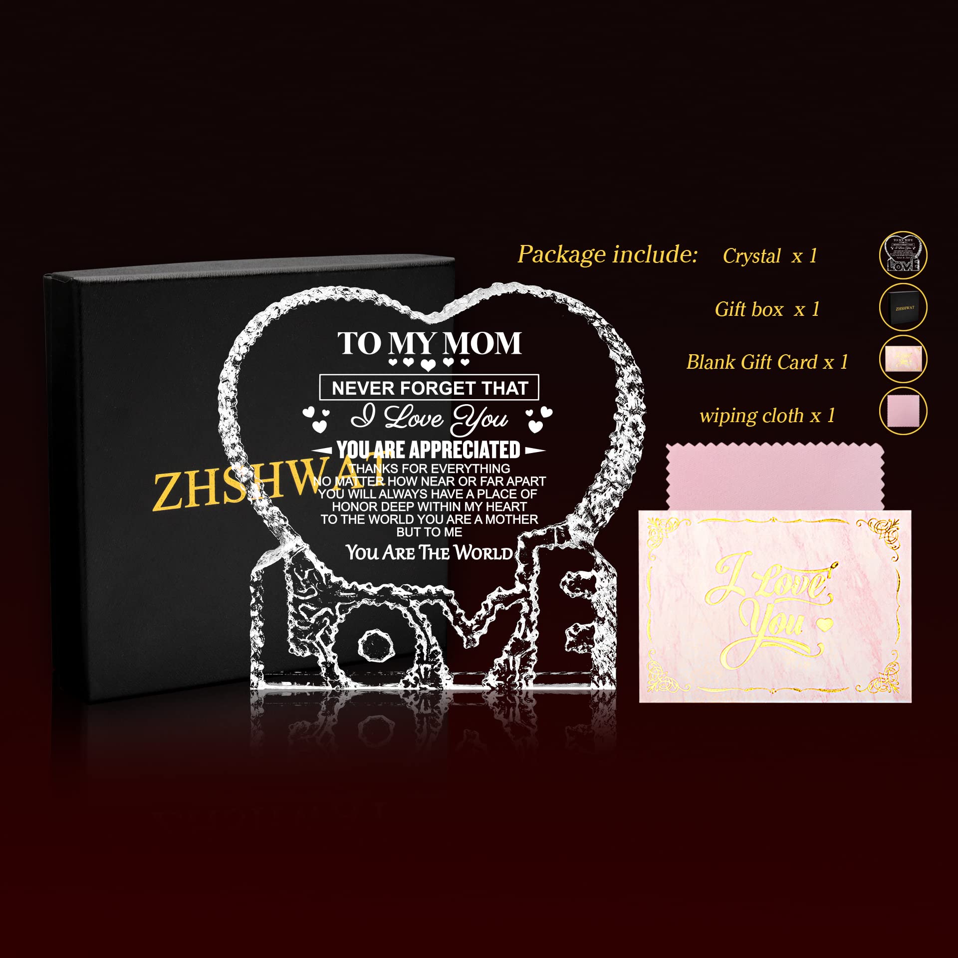 ZHSHWAT Gifts for Mom, K9 Crystal Keepsake Gift from Daughter Son for Mom, Mothers Day Christmas Anniversary Birthday Gifts for Mom