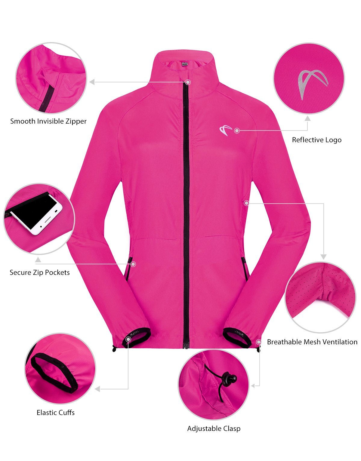 Women's Packable Windbreaker Jacket, Lightweight and Water Resistant, Active Cycling Running Skin Coat, Rose Red L
