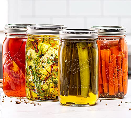 Wide Mouth Mason Jars 32 oz - (4 Pack) - Ball Wide Mouth 32-Ounces Quart Mason Jars With Airtight lids and Bands - Clear Glass Mason Jars For Storage, Canning, Fermenting, Overnight Oats, Cold Brew