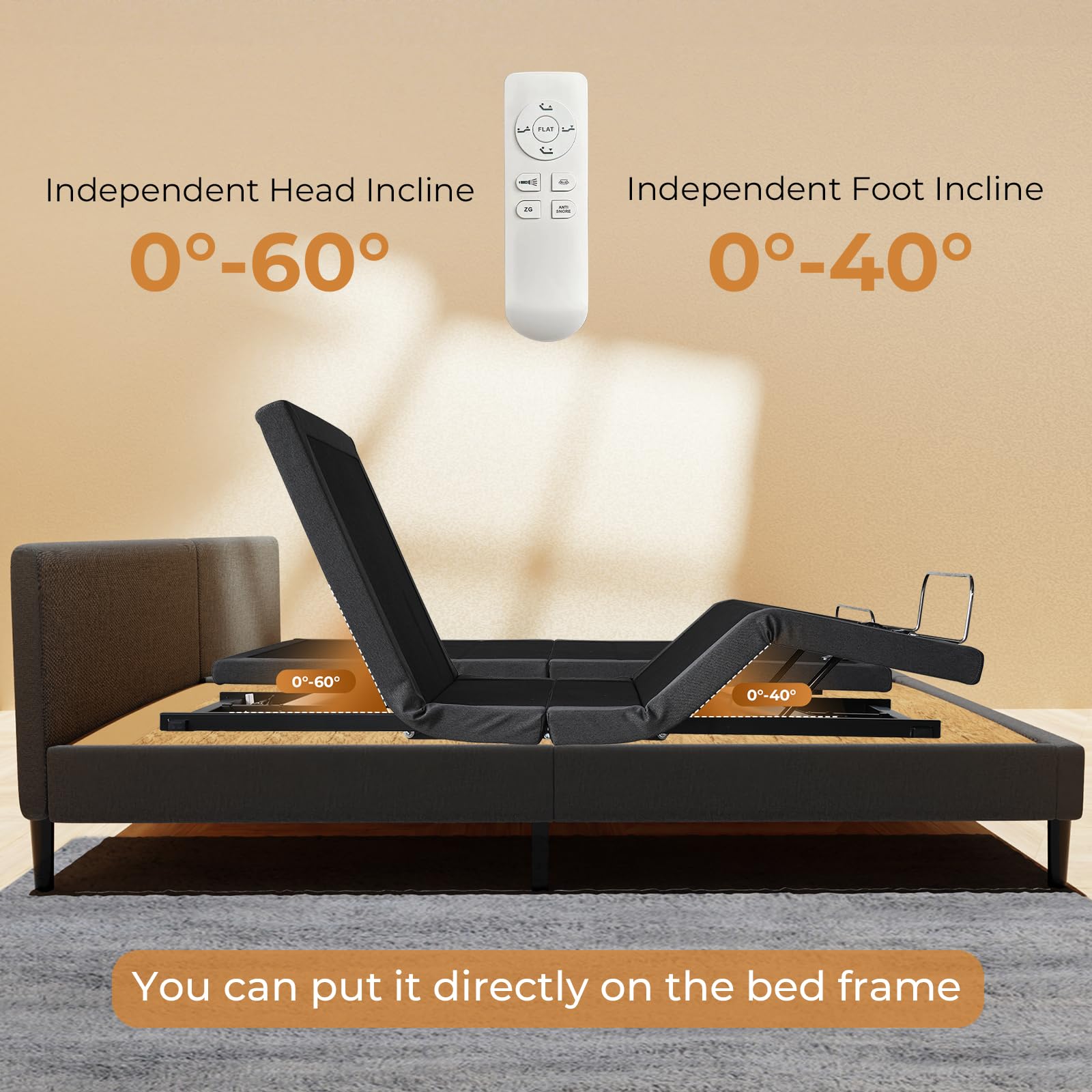 Zevemomo Adjustable Bed Base with USB Charging Station & Adjustable Height Foot, Split King Size Bed Frame with Head and Foot Incline, Wireless Remote Control Ergonomic Upholstered Bed Base