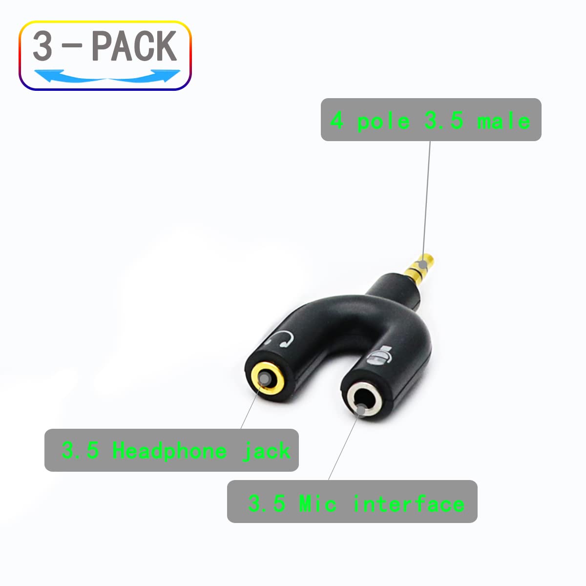 ZJKJHJY 3 Pack Headset Splitter Adapter, U Shape 3.5mm 4 Pole Male to 2 x 3 Pole Female Headphone Y Splitter