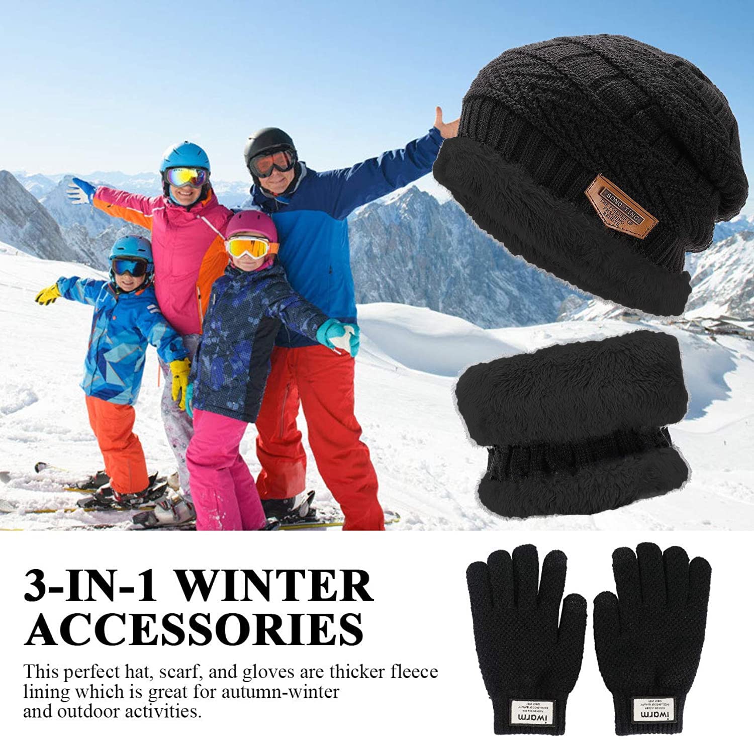 Winter Hat Scarf and Gloves Set, Winter Warm Knit Beanie Hat, Soft Comfortable Fleece Lined Winter Hat & Scarf for Men Women
