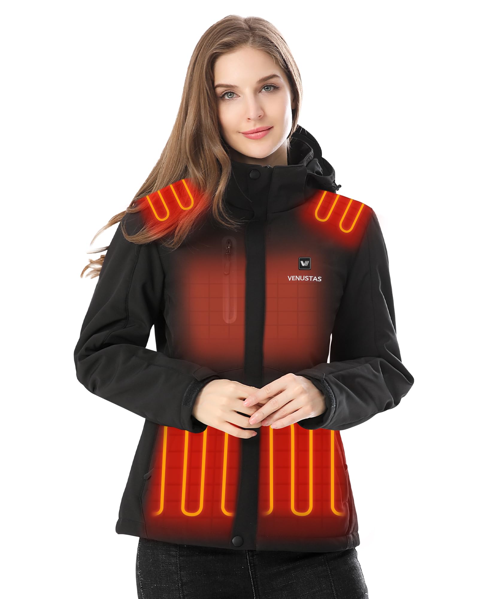 Venustas Women's Heated Jacket with Battery Pack 7.4V, Windproof Electric Insulated Coat with Detachable Hood Slim Fit