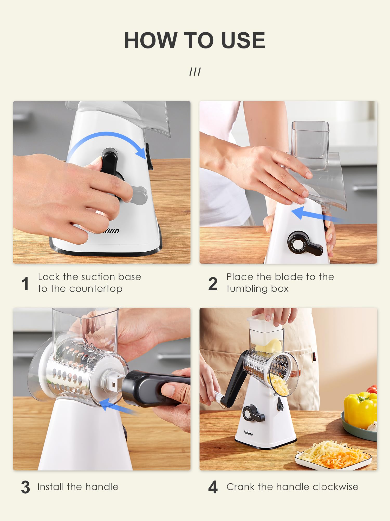 Yabano Rotary Cheese Grater Cheese Shredder with Handle, Vegetable Slicer for Kitchen, 3 Replaceable Stainless Steel Drum Blades, Easy To Use & Clean, Manual Nuts Grinder with Cleaning Brush, White