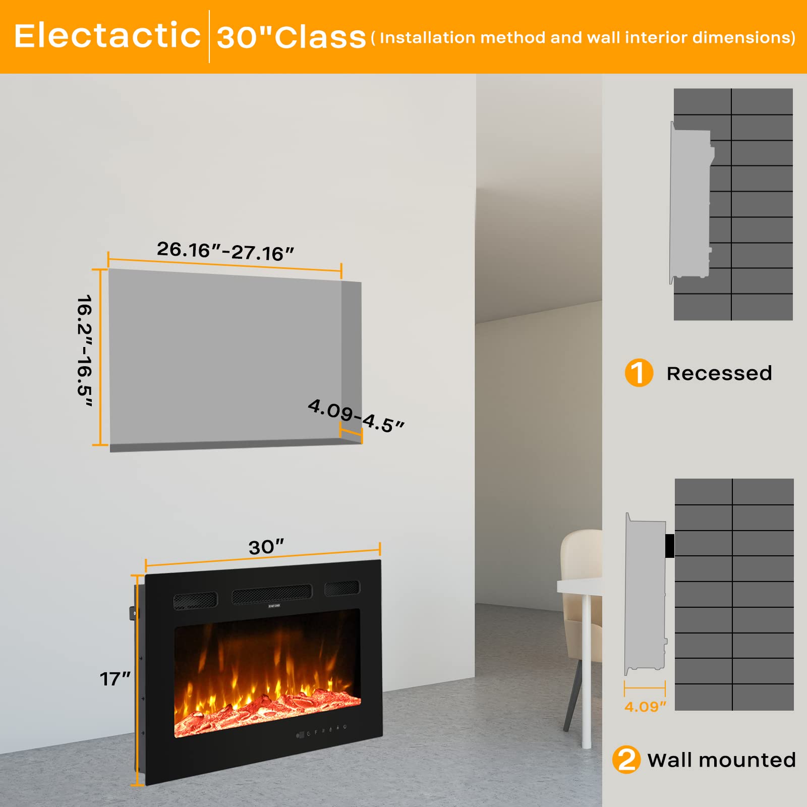 Winado 30 inch Wall Mounted and Recessed Electric Fireplace, Ultra Thin, Low Noise, Remote Control with Timer, Touch Screen, 12 Flame Colors, 5 brightness levels, 750W/1500W (Black)