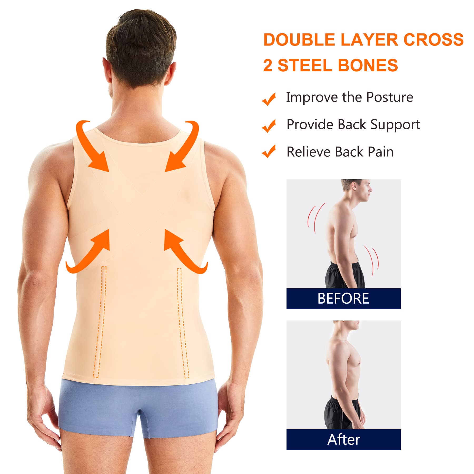 Wonderience Compression Shirts for Men Undershirts Slimming Body Shaper Waist Trainer Tank Top Vest with Zipper (Beige, XXX-Large)