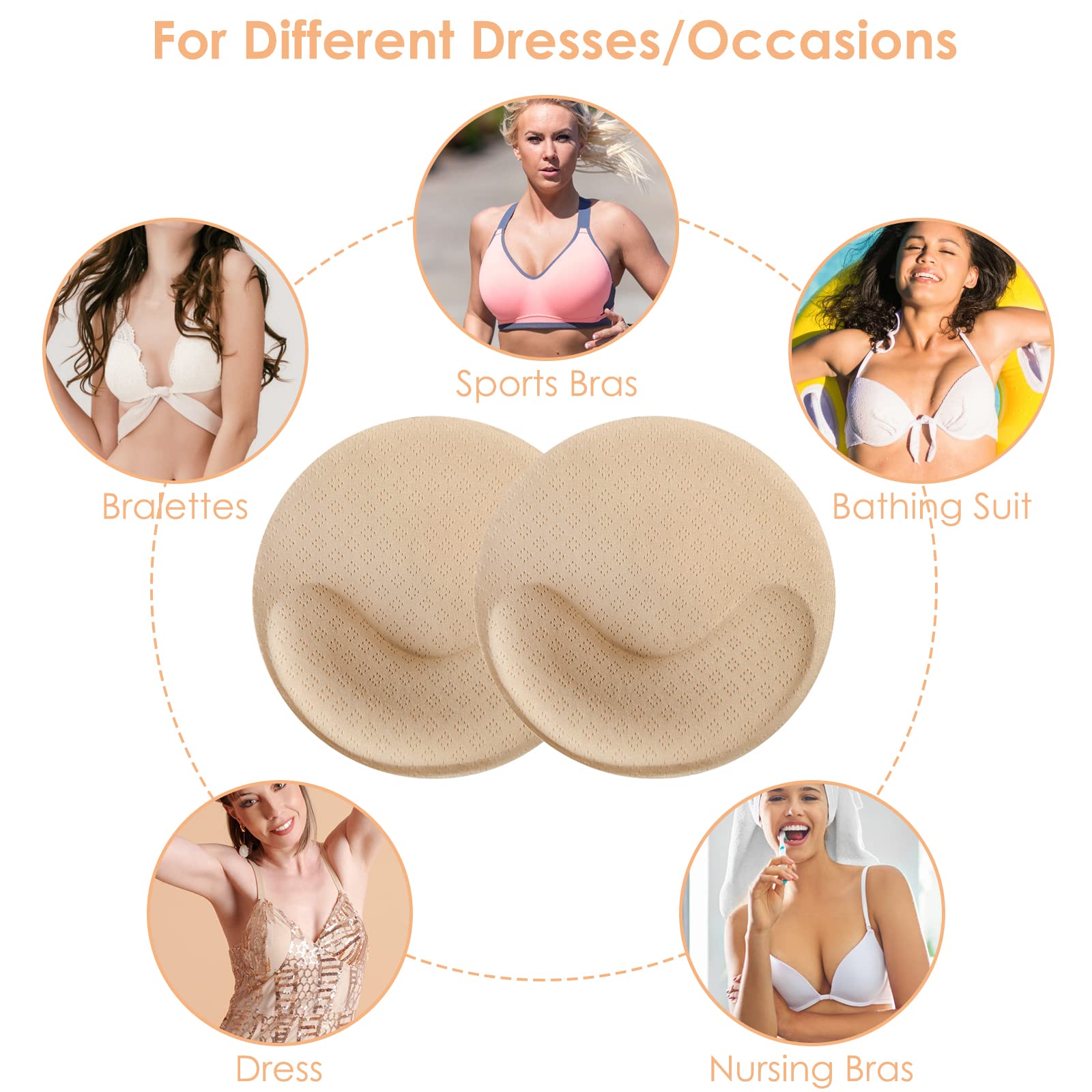 WLLHYF Round Bra Inserts Pads 2 Pairs Washable Sponge Bras Inserts Removable Bra Cups Inserts Bra Replacement Pad for Bikini Top Swimsuit Sports Bra (Skin Tone-Thicker Below)