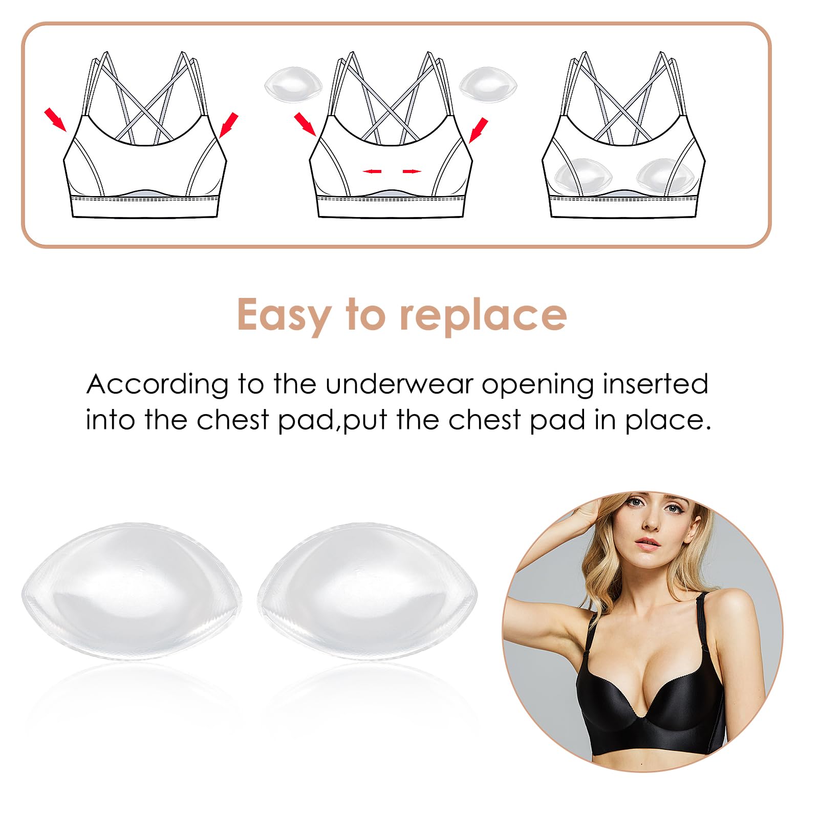 WLLHYF Silicone Bra Inserts, Reusable Gel Push Up Breast Pads and Breast Enhancers Add 1-2 Cups 1 Pair (clear)