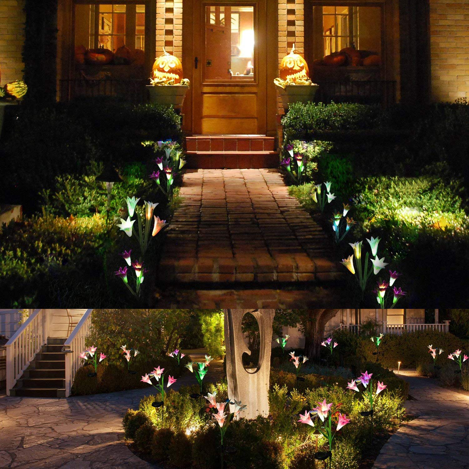 Wohome Outdoor Solar Garden Stake Lights,3 Pack Solar Powered Lights with 12 Lily Flower, Multi-Color Changing LED Solar Landscape Lighting Light for Garden, Patio