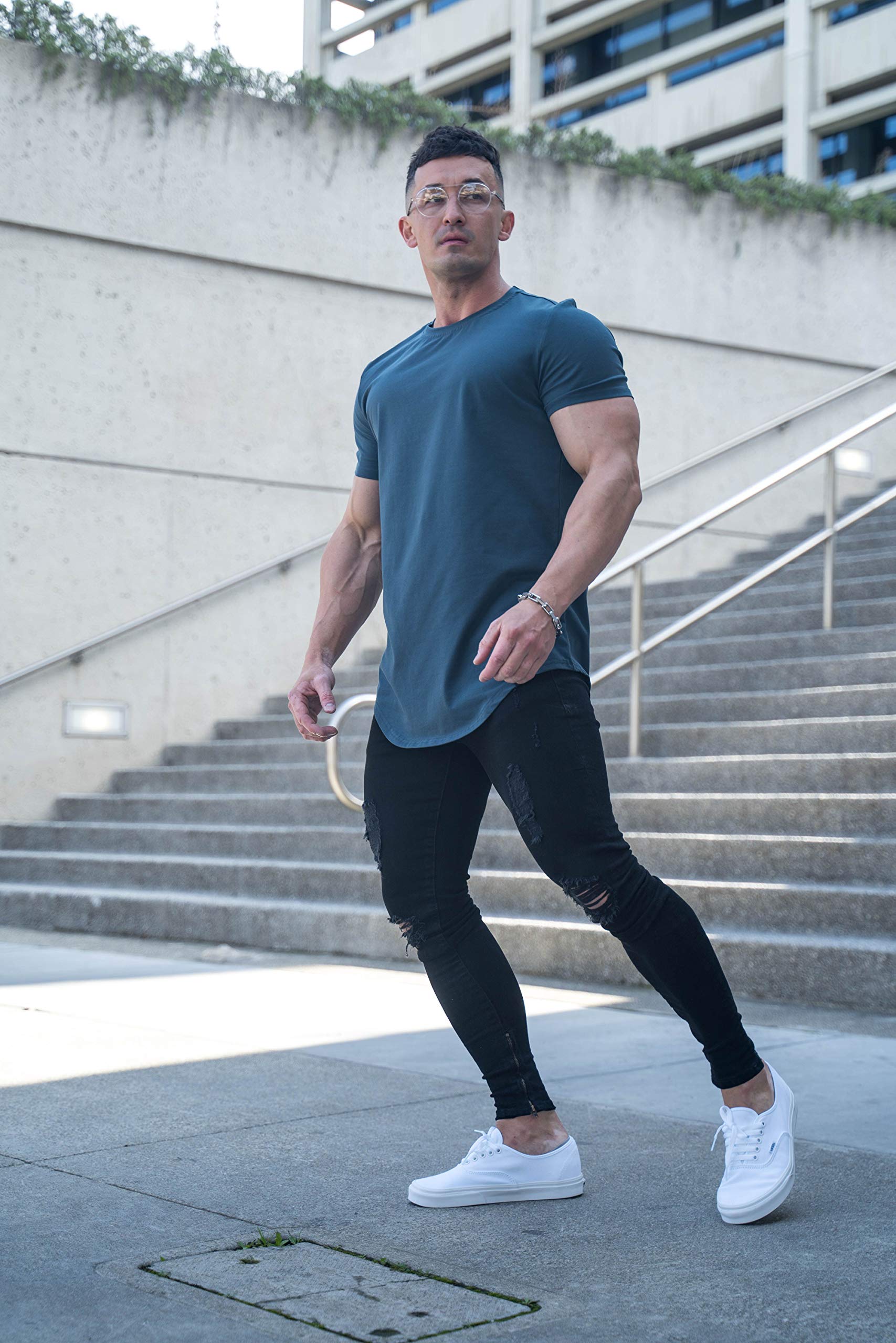 YoungLA Mens Designer Fitted T-Shirts Long Drop Cut Tee Workout Gym 402 Bk L Black