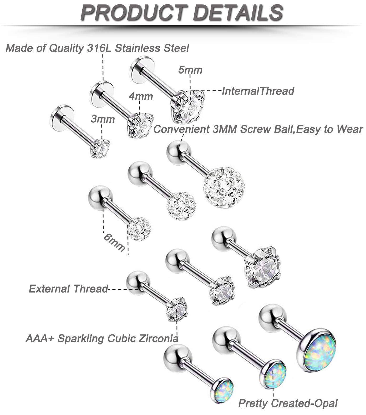 YOVORO 12Pcs 16G 316L Stainless Steel Stud Earrings for Women Cartiliage Earring Tragus Helix Piercing Created-Opal 3/4/5MM