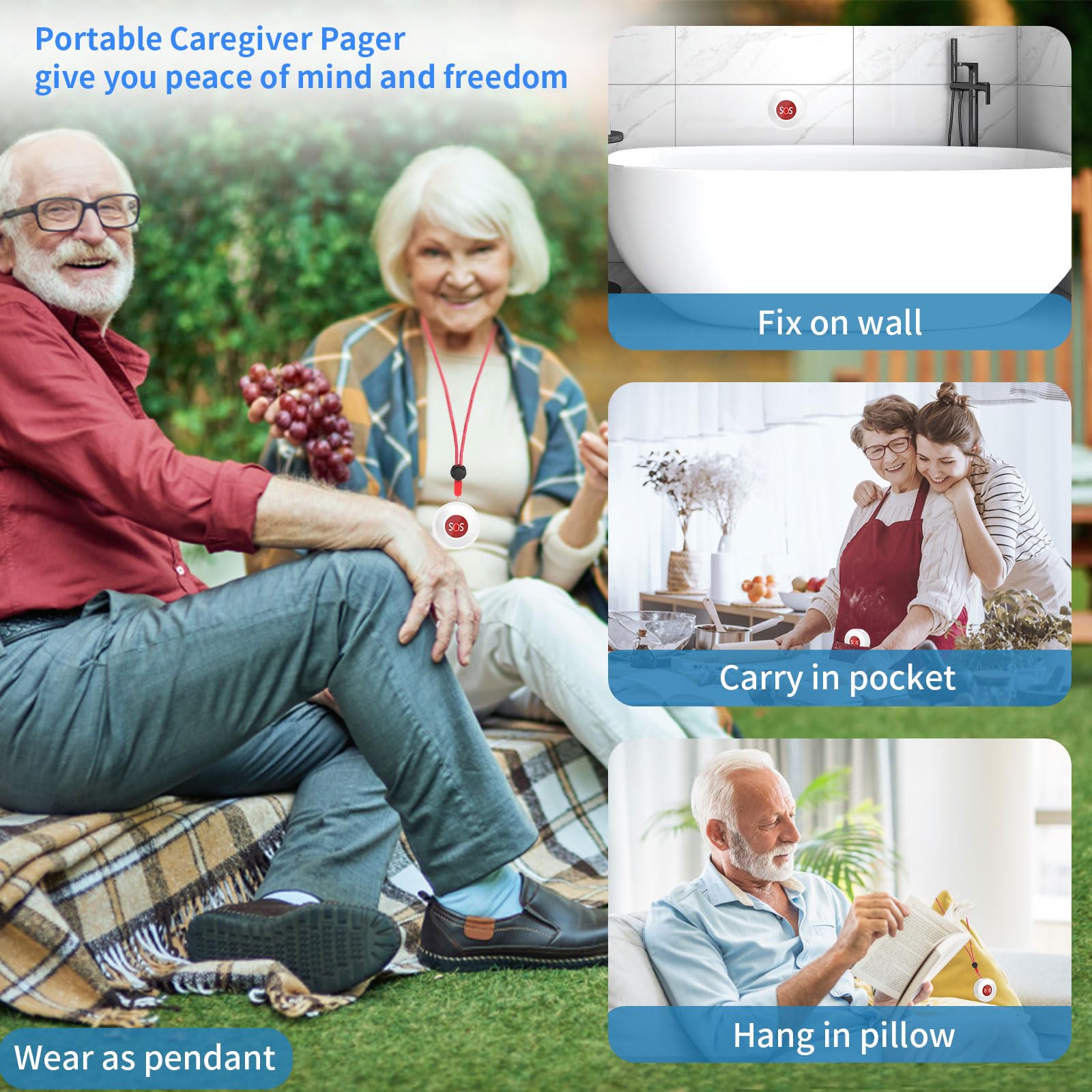 Wireless Caregiver Pager Call Button Nurse Alert Syste Emergency Call Bell for Elderly Seniors Panic Alarm Button with 55 Melodies 5 Adjust Volume Levels (1 Call Button + 2 Receivers)