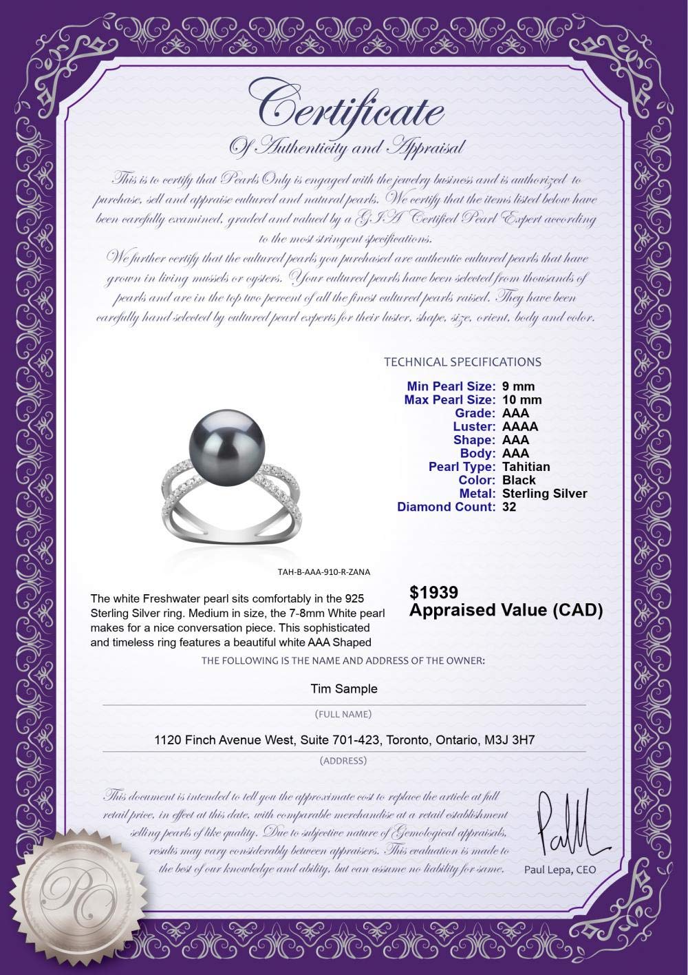 Zana Black 9-10mm AAA Quality Tahitian 925 Sterling Silver Cultured Pearl Ring For Women - Size-7