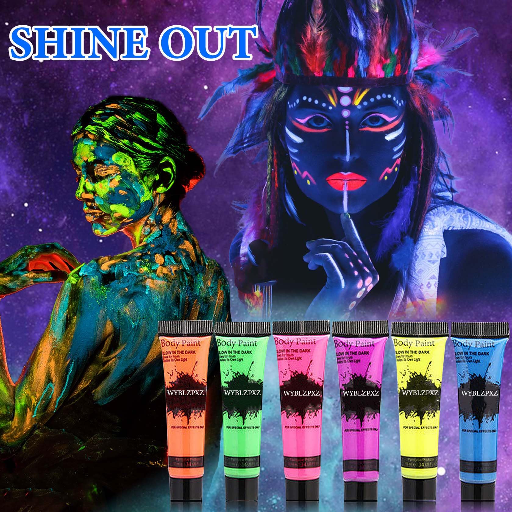 WYBLZPXZ 6 Pcs Glow in Dark Face Body Paint,Black Light Glow Makeup Set Neon Fluorescent,Glow Blacklight Body Face Paint Set Face Painting for Music Festivals Party Halloween