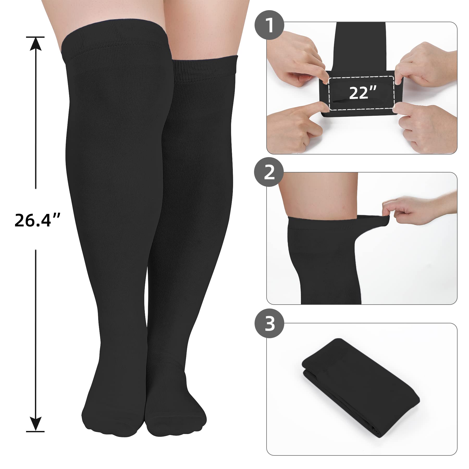 Zando Plus Size Thigh High Stockings Plus Size Long Socks Sexy Cosplay Wide Calf Striped Thigh High Socks Halloween Knee High Socks Girls Warm Socks for Thick Thighs A 1 Pack Black 8-12