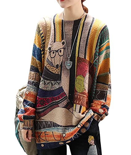 YESNO Women Sweater Graphic Oversized Pullover Sweaters Casual Loose Long Sleeve Knit Tops M S01 CR31