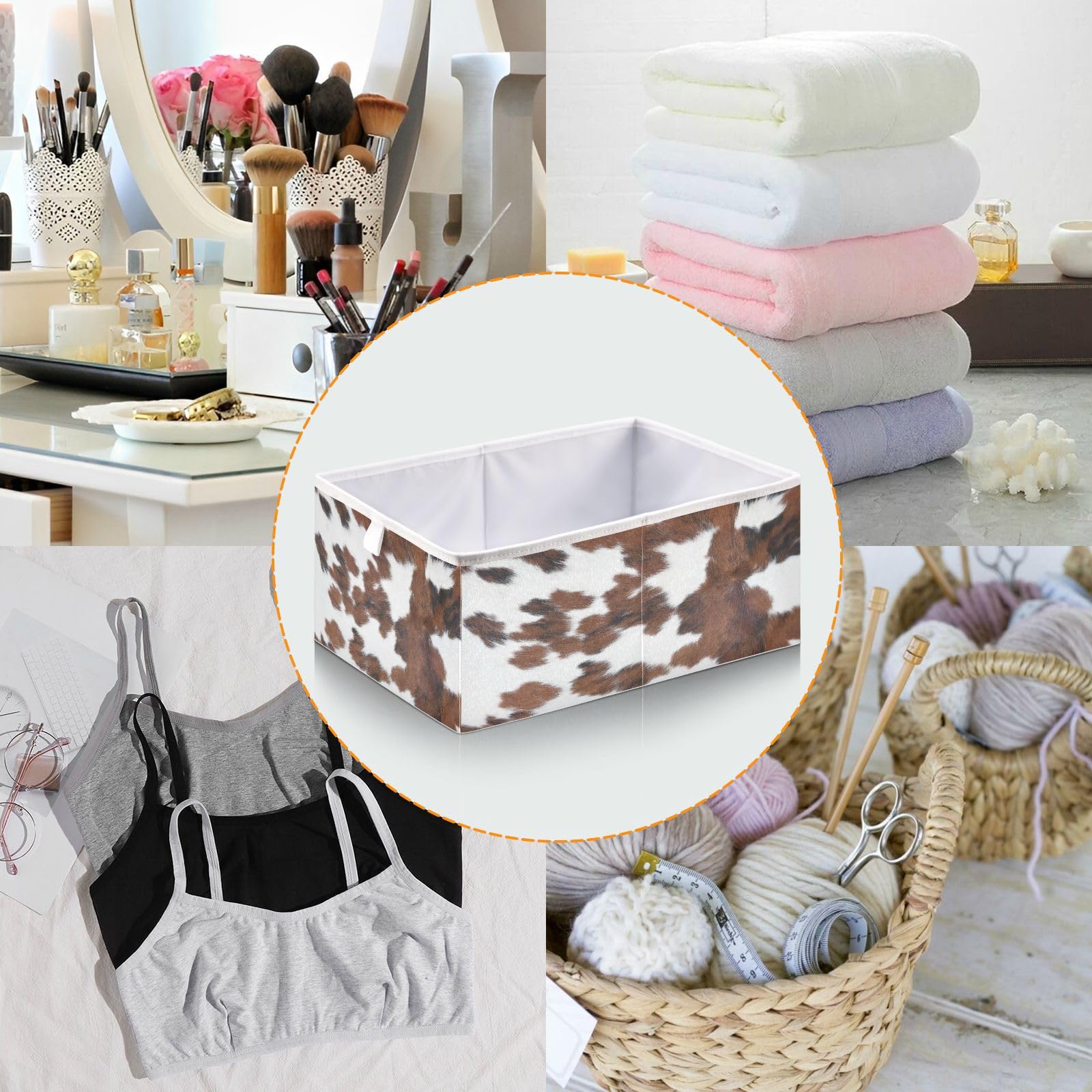 xigua White Brown Print Cow Cube Storage Box, Foldable Fabric Storage Cube Portable Storage Basket for Bookshelf Closet Laundry Room Nursery Home Decor, 15.75x10.63x6.96In