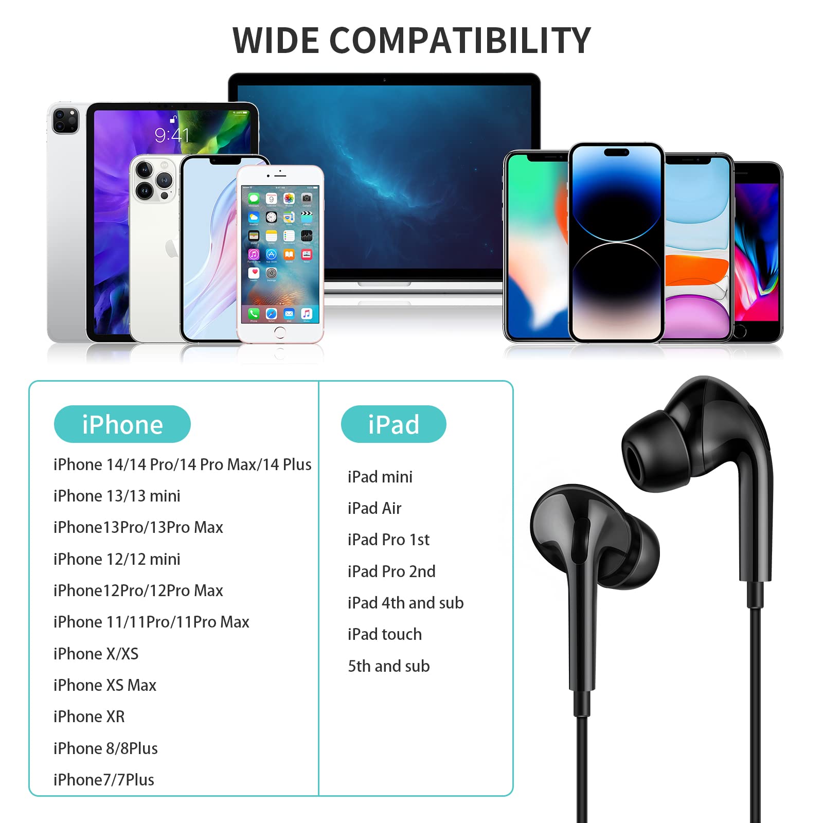 XNMOA Wired Headphones for iPhone 14 13/12/11/Se/X/Xr/Xs/8/7, Wired Earbuds Noise Canceling in-Ear Headset with Microphone,Comfortable Wired Earphones with Volume Control,Black
