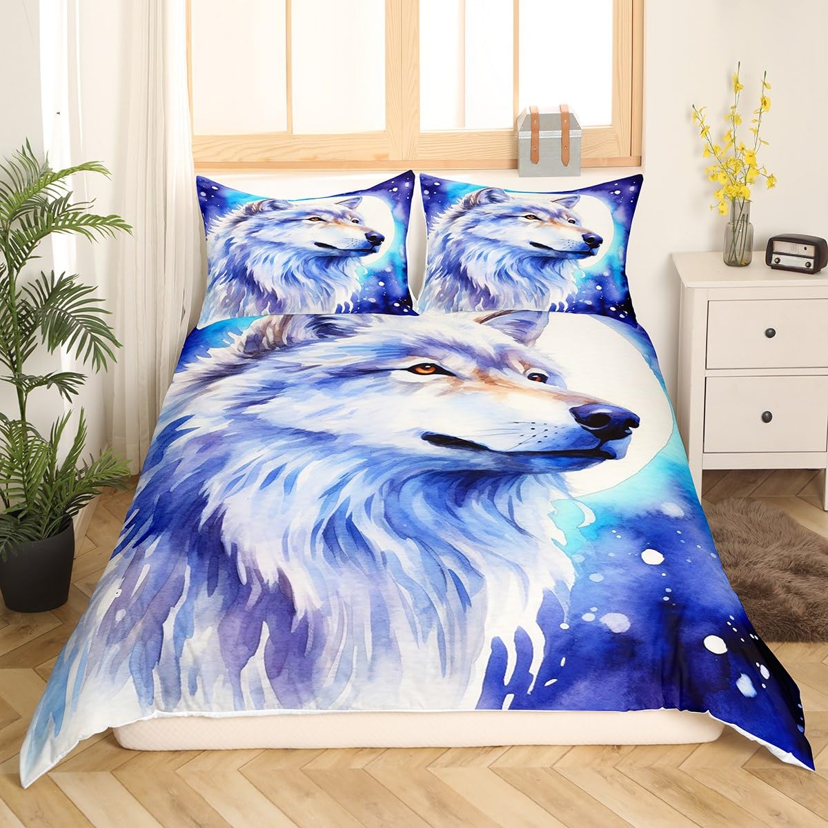 Wolf Bedding Duvet Cover Set Galaxy Wolves Howling Kids Bedding Set Animal Wolves Comforter Cover Set for Boys Room Decor Mountain Moon Wolf Space Outer Sky Bedspread Cover Queen With 2 Pillow Case