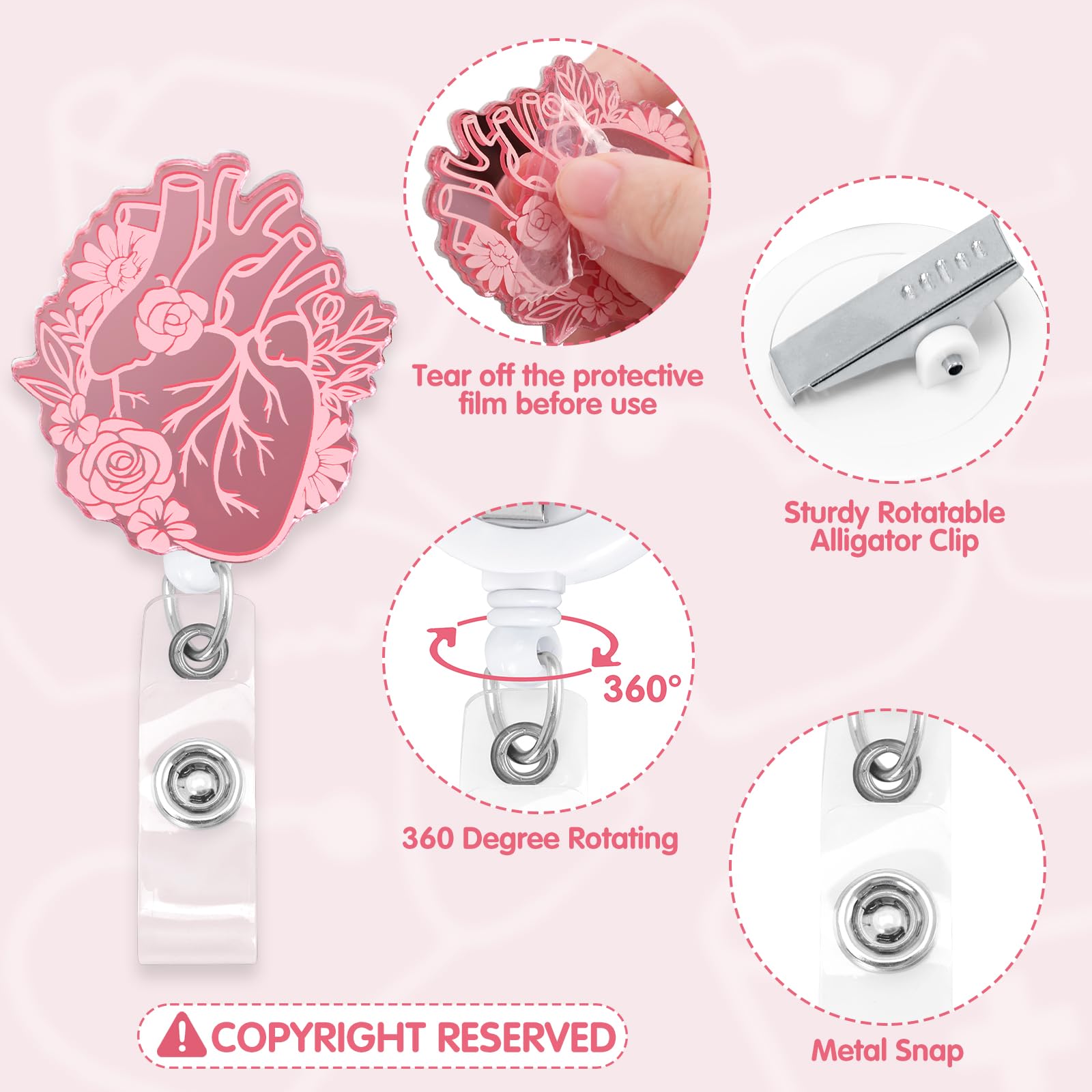 Xylolfsty Nurse Badge Reels Retractable Badge Holders with Alligator Clip Organ Heart Brain Patterns with Flowers Cute for RN Nurse Doctor Student Nursing Graduation Appreciation Gift 4PCS