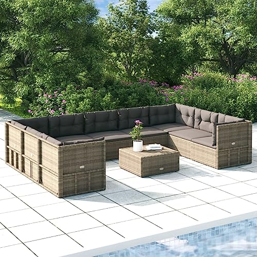 vidaXL 9-Piece Patio Lounge Set with Cushions in Gray - Durable PE (Poly) Rattan - Outdoor Furniture with Powder-Coated Steel Frame & Adjustable Seat