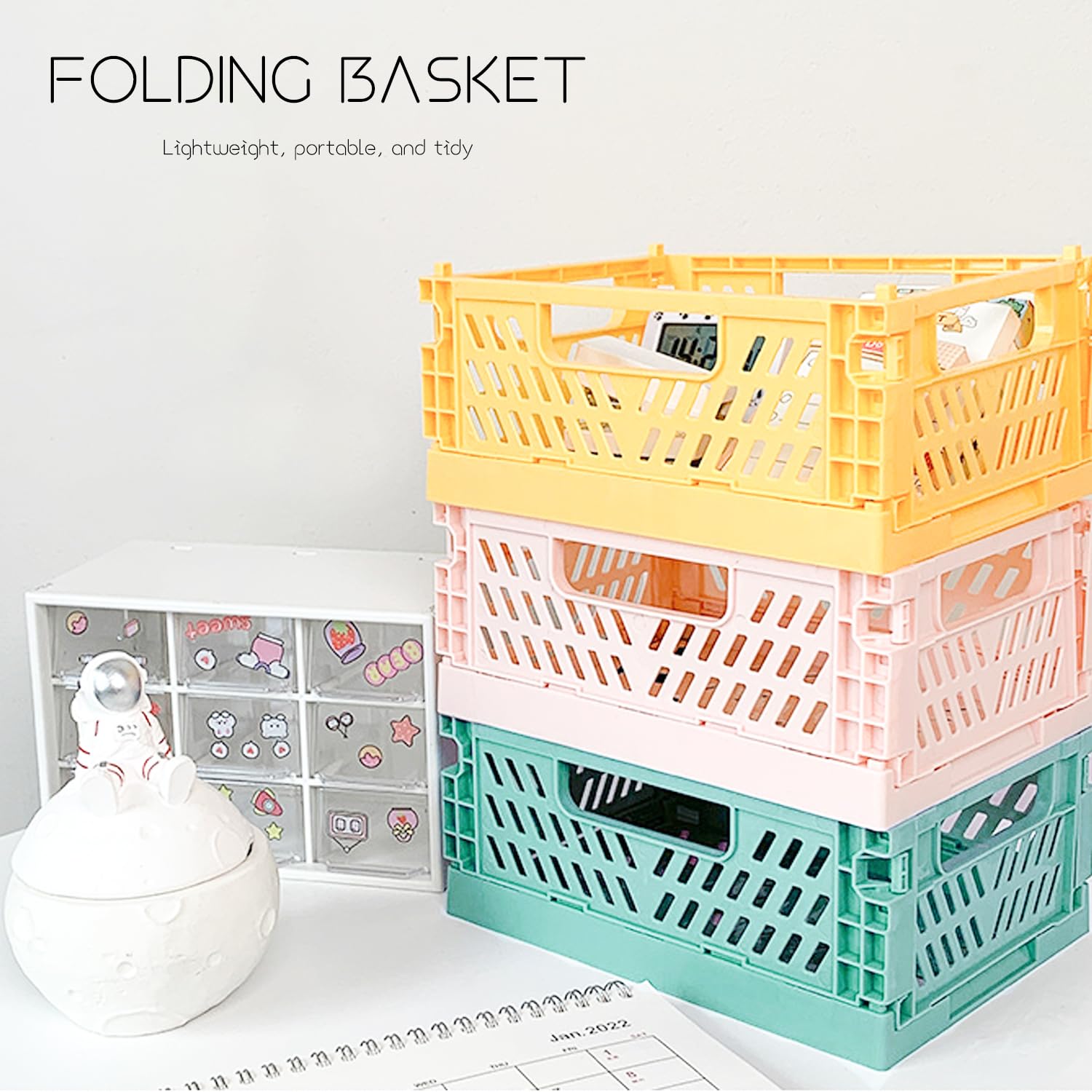VIEKIER 6 Pack Pastel Storage Crates Mini Plastic Baskets Crates Small Baskets Durable Reliable Folding Storage Crate for Home (5.9"x4"x2.28")