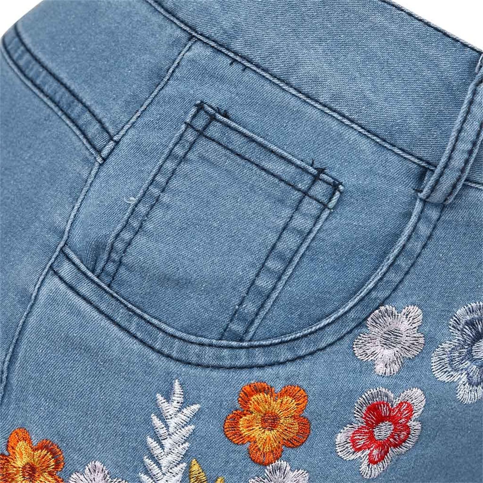 Women's Embroidery Destoryed Flare Jeans Button Waist Bell Bottom Summer Casual Trouser Comfortable Denim Pants(Light Blue,XX-Large)
