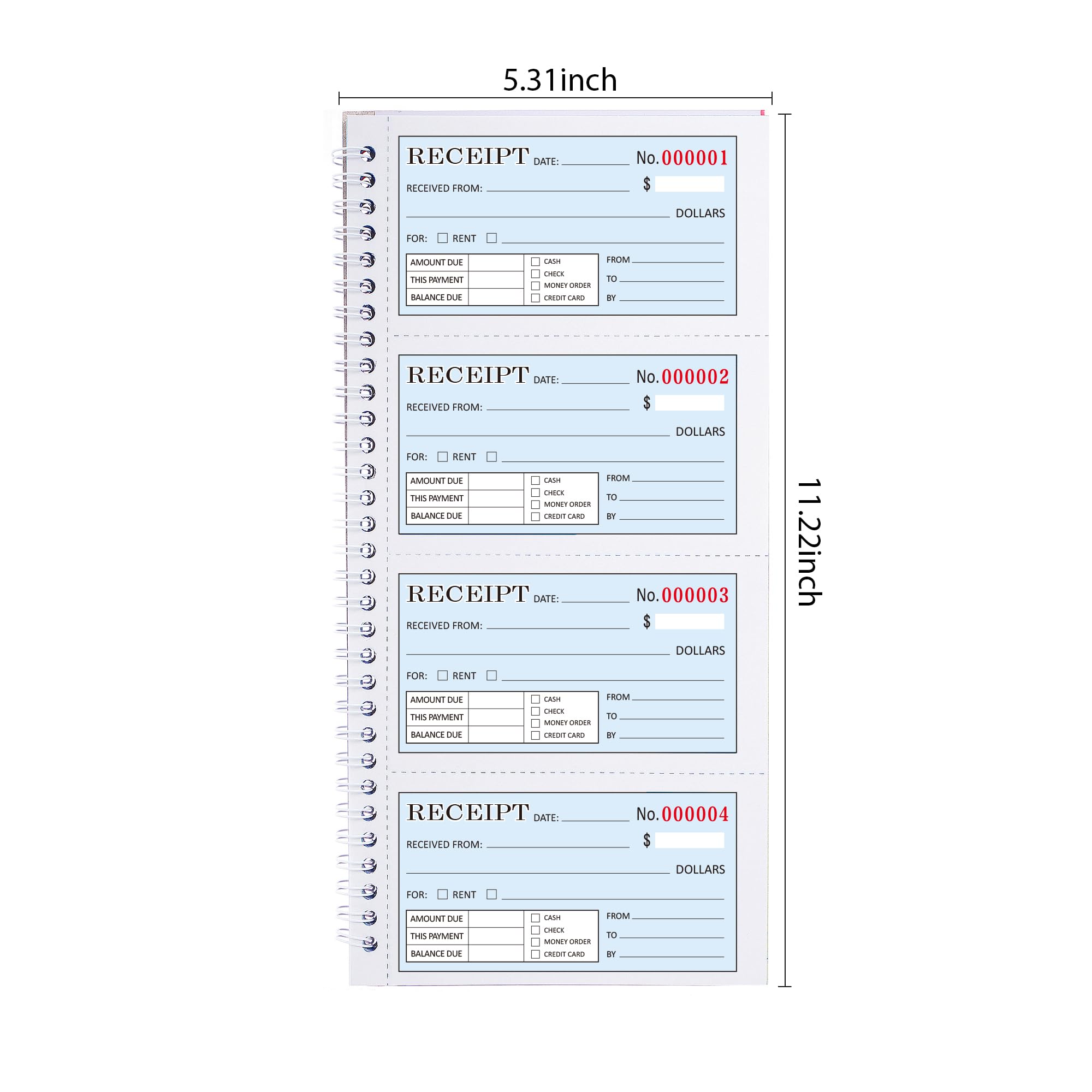 Zzrywuty Money and Rent Receipt Book with Cardboard Insert, 2-Part Carbonless, 5.32βx11.23β Spiral Bound, 200 Sets per Book, 4 Receipts per Page for Office Supplier, Rent and Cash Transaction