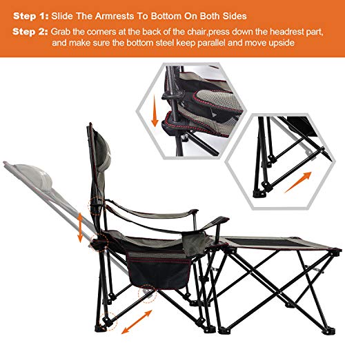 XGEAR 2 in 1 Folding Camping Chair Portable Lounge Chair with Detachable Table for Camping Fishing Beach and Picnics (Grey)