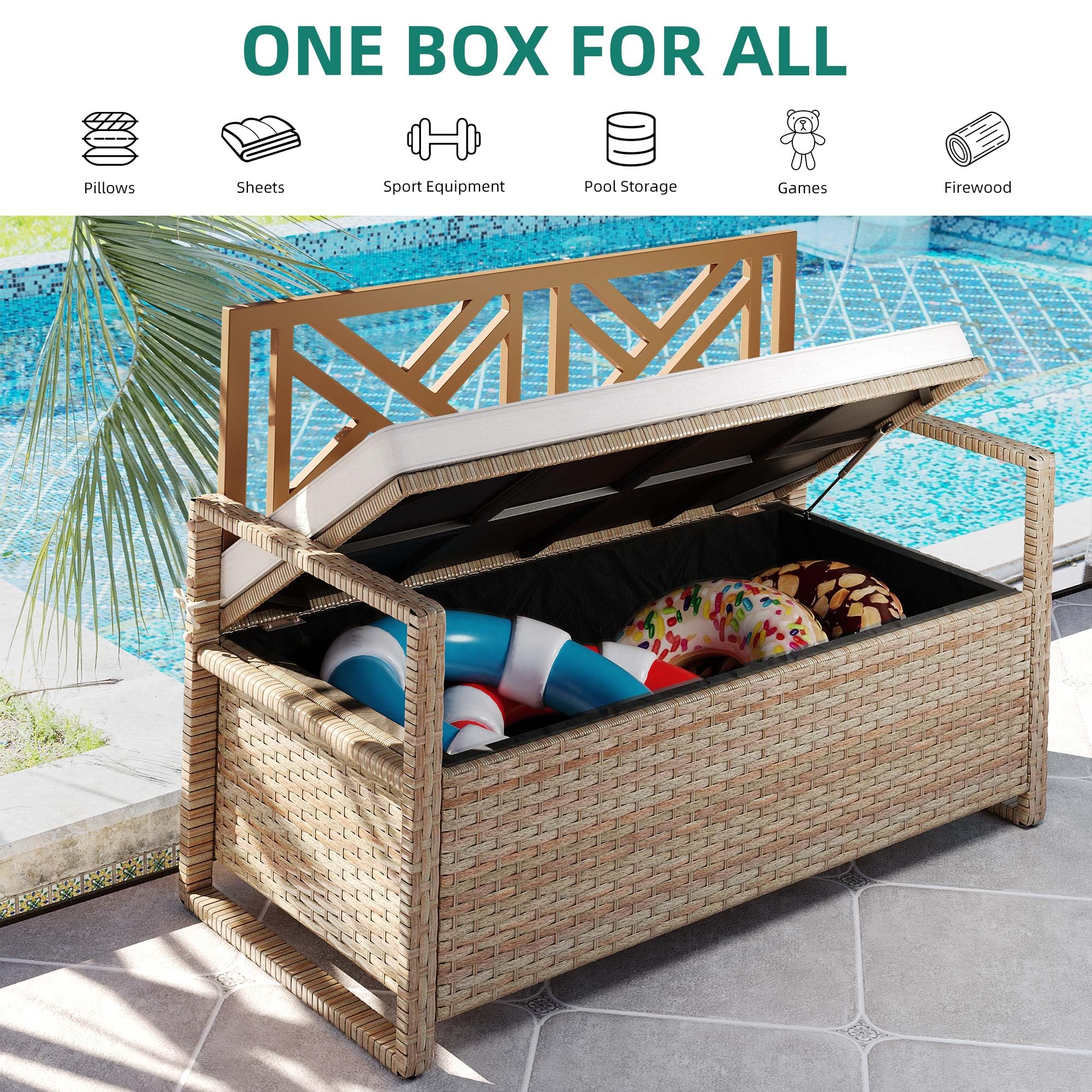 YITAHOME 70 Gallon Outdoor Storage Bench, All-Weather PE Rattan Deck Box Bench, Storage Seating Box for Outdoor Cushions, Pool Storage and Garden Tools - Teak