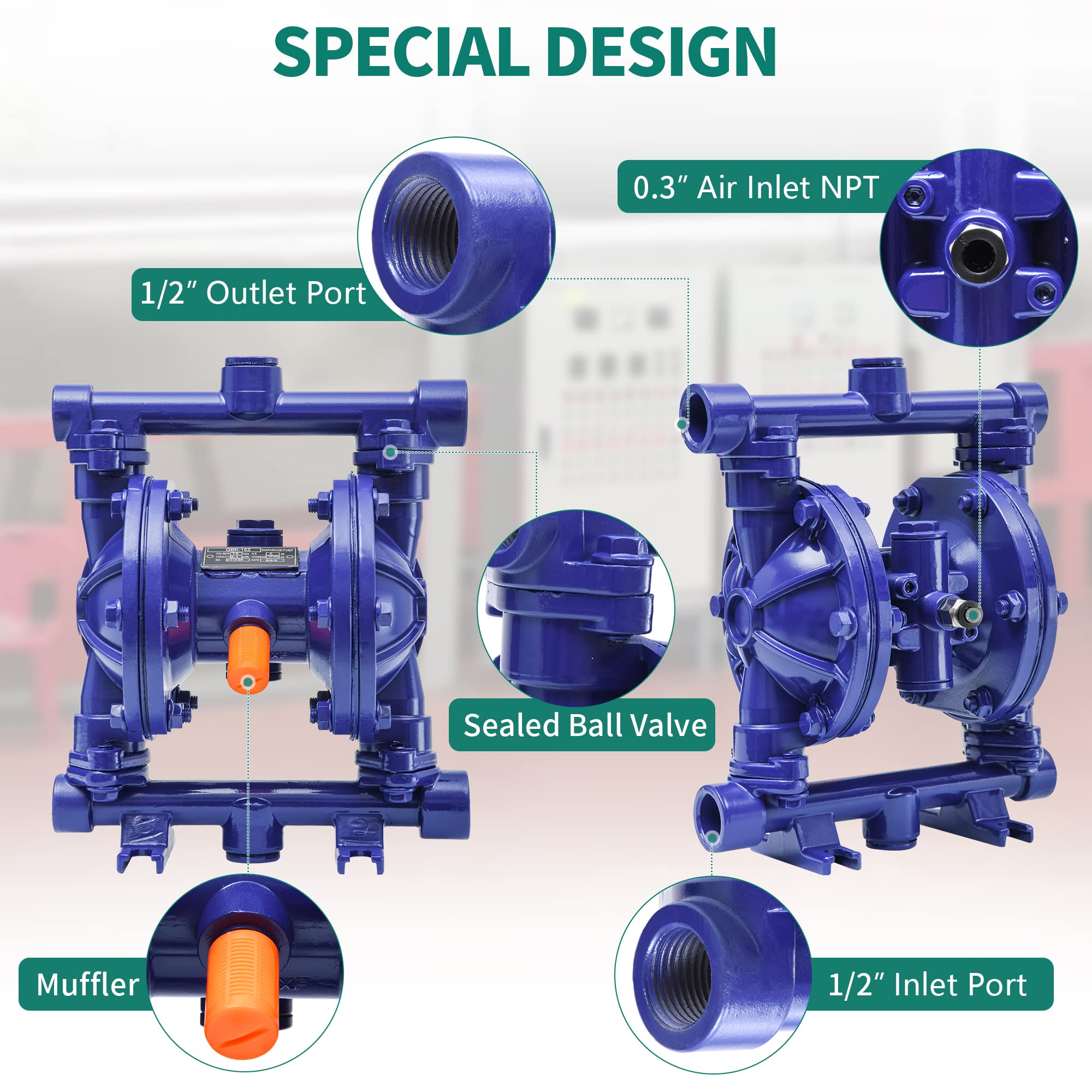 YITAHOME Air Operated Double Diaphragm Pump Comes with an Extra Set of Diaphragms QBK-15 1/2 inch Outlet 9 GPM Max 100 PSI Nitrile Rubber, Cast Iron Diaphragm Pump for Diesel, Grease, Oil