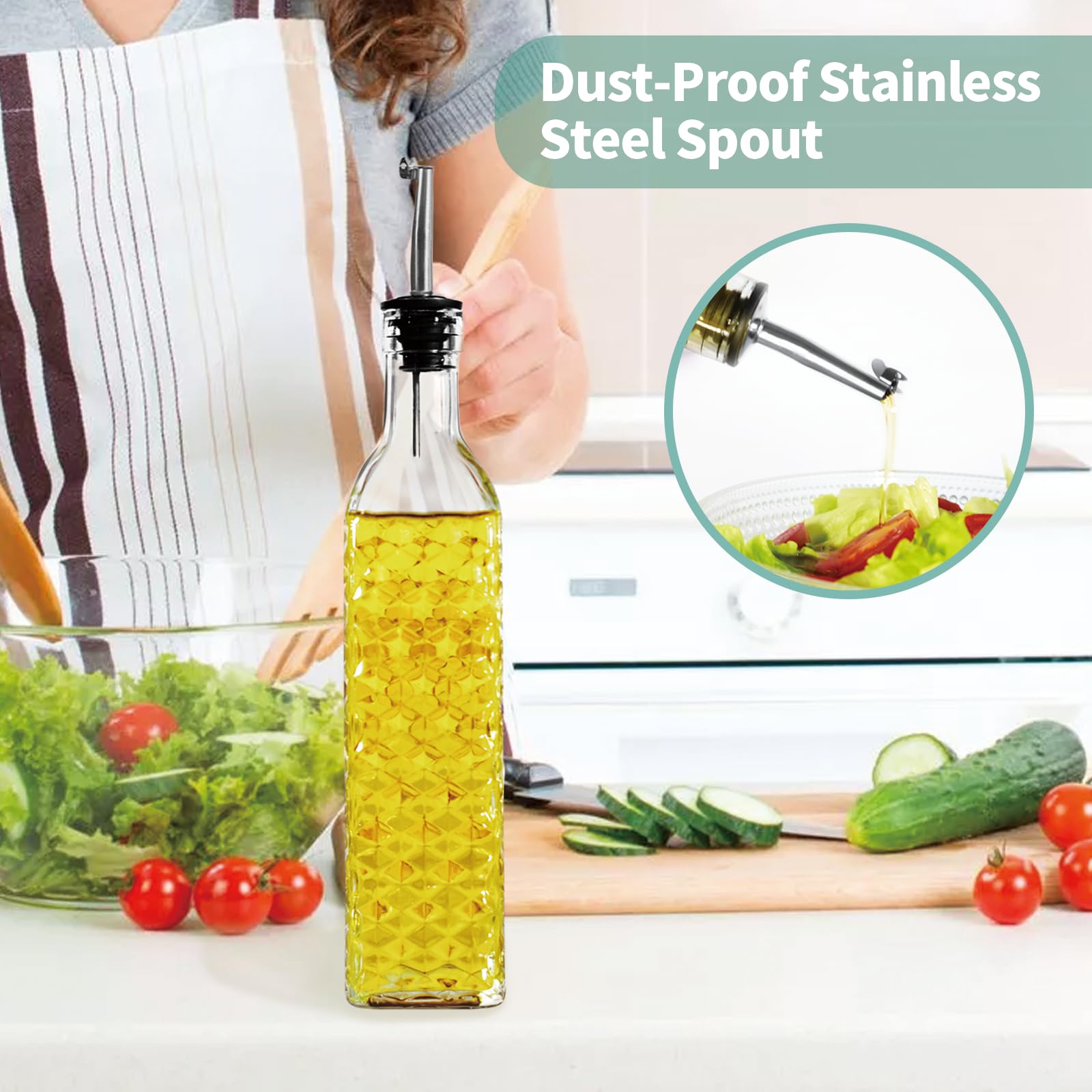 Wongblee 3-Pack Glass Oil Dispenser with Spout, Plug, Funnel, 500ML/17OZ Oil and Vinegar Bottles Set (Square)
