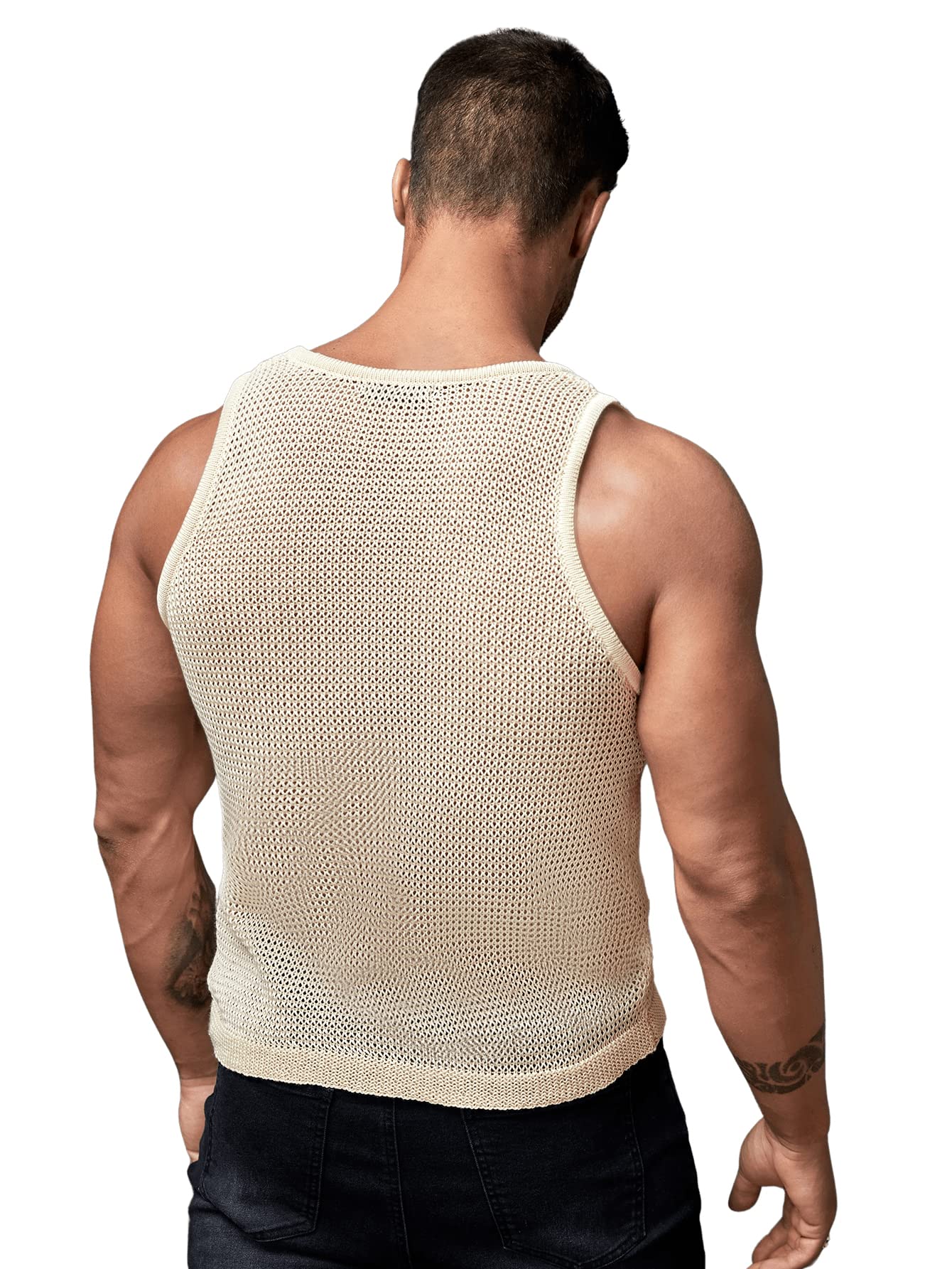 Verdusa Men's Casual Sleeveless Round Neck Sheer Knitted Tank Muscle Top Beige XL