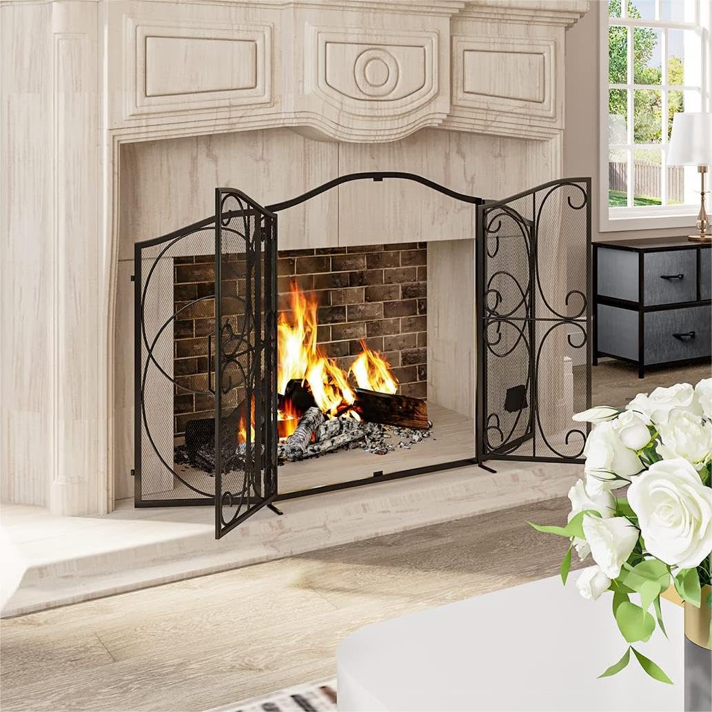 YITAHOME Fireplace Screen with Doors for Wood Burning Fireplace,43x33in Heavy Duty Wrought Iron Bronze Fireplace Screens Decorative Spark Guard Safety Protector Fireguard Panel for The Living Room