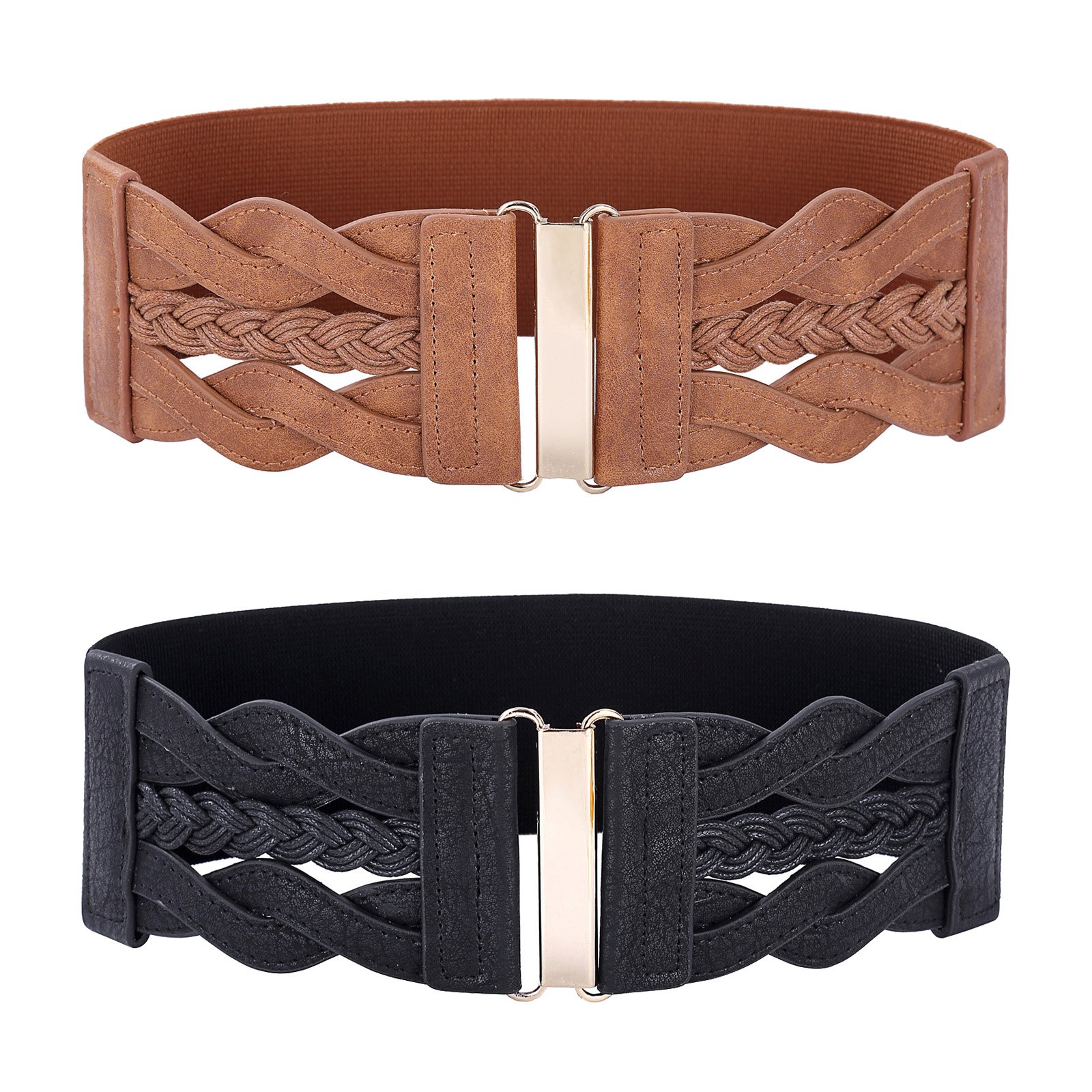 Women's 2 Pack Retro Wide Elastic Stretch Belt, Black + Brown, Medium