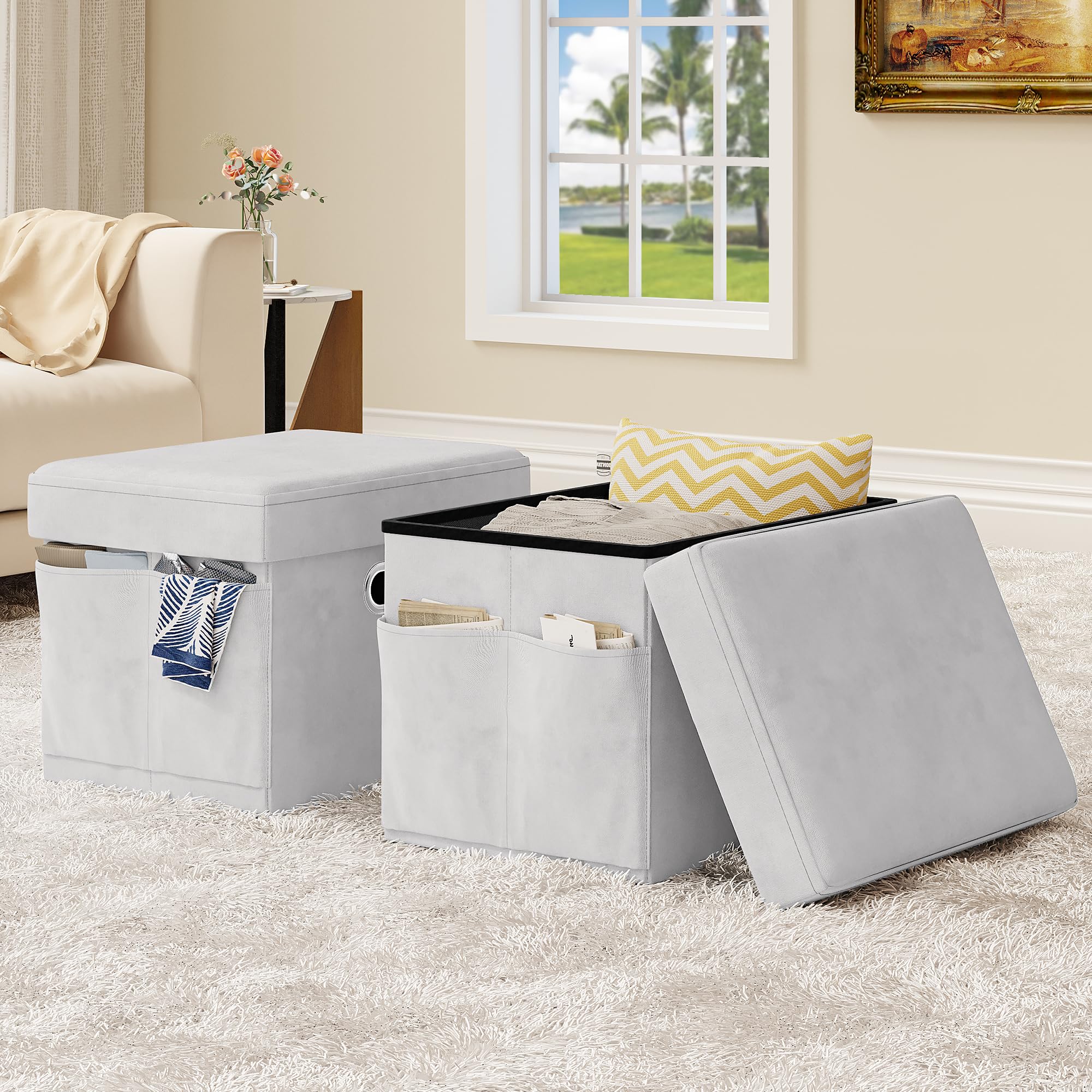 YITAHOME Foldable Storage Ottomans– Velvet Tufted Ottomans with Lid, Multipurpose Organizers for Bedroom, Living Room, Dorm or RV (Set of 2, Grey)