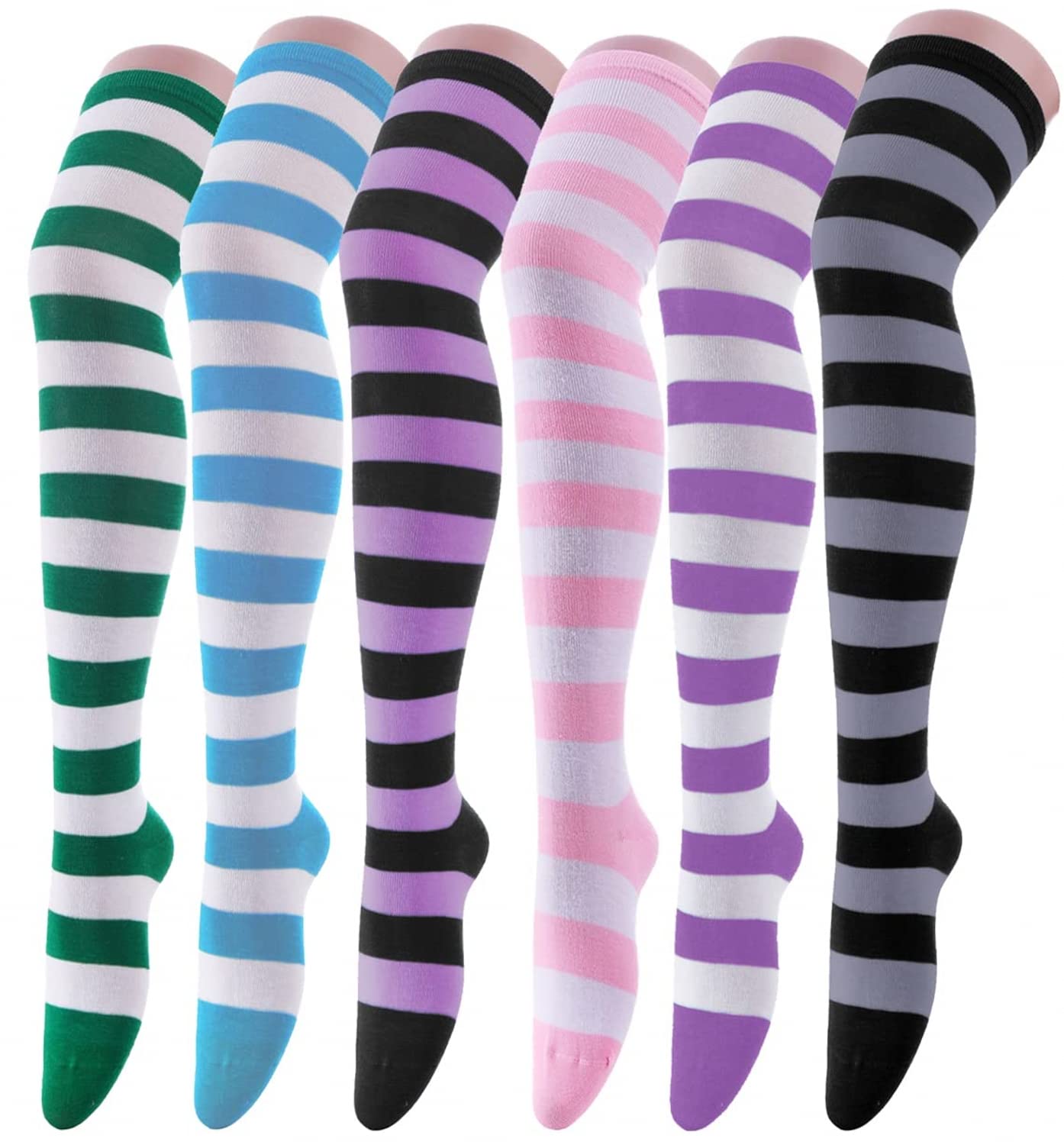 Women's Extra Long Opaque Striped Over Knee High Stockings Socks, 6 Pairs K, One Size