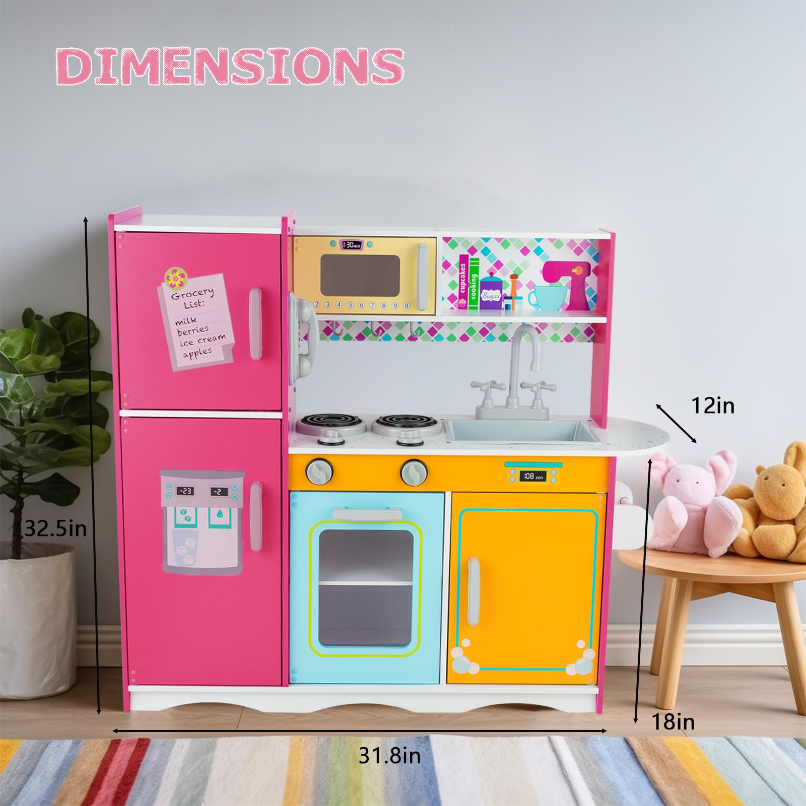 WoodenEdu Kitchen Playset for Kids Ages 3-8, Wooden Pretend Play Kitchen, Including Telephone, Ice Maker, Refrigerator, Dimensions: 35β H x 31β W x 12β D (Colorful)