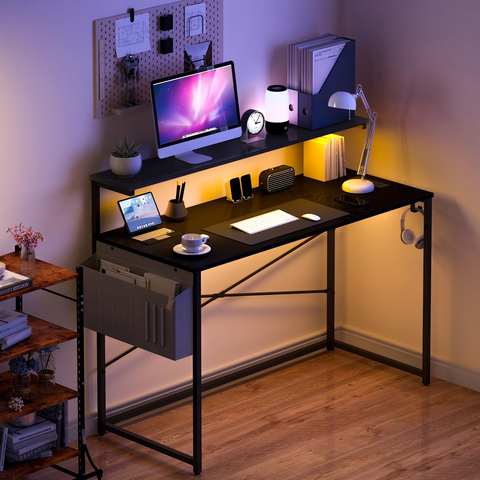 Yoobure Computer Desk with LED Lights, Adjustable Monitor Stand, Power Outlets, and Storage - 47" Home Office Desk