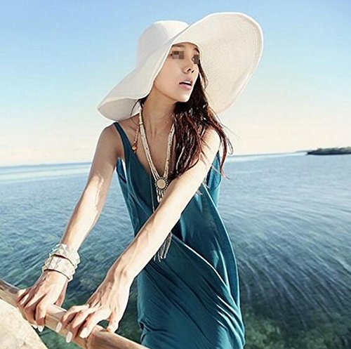 Womens Floppy Straw Hat Wide Brim Foldable Packable Braid Cap UV Protection Summer Gardening Hiking Beach Sun Hat (White)