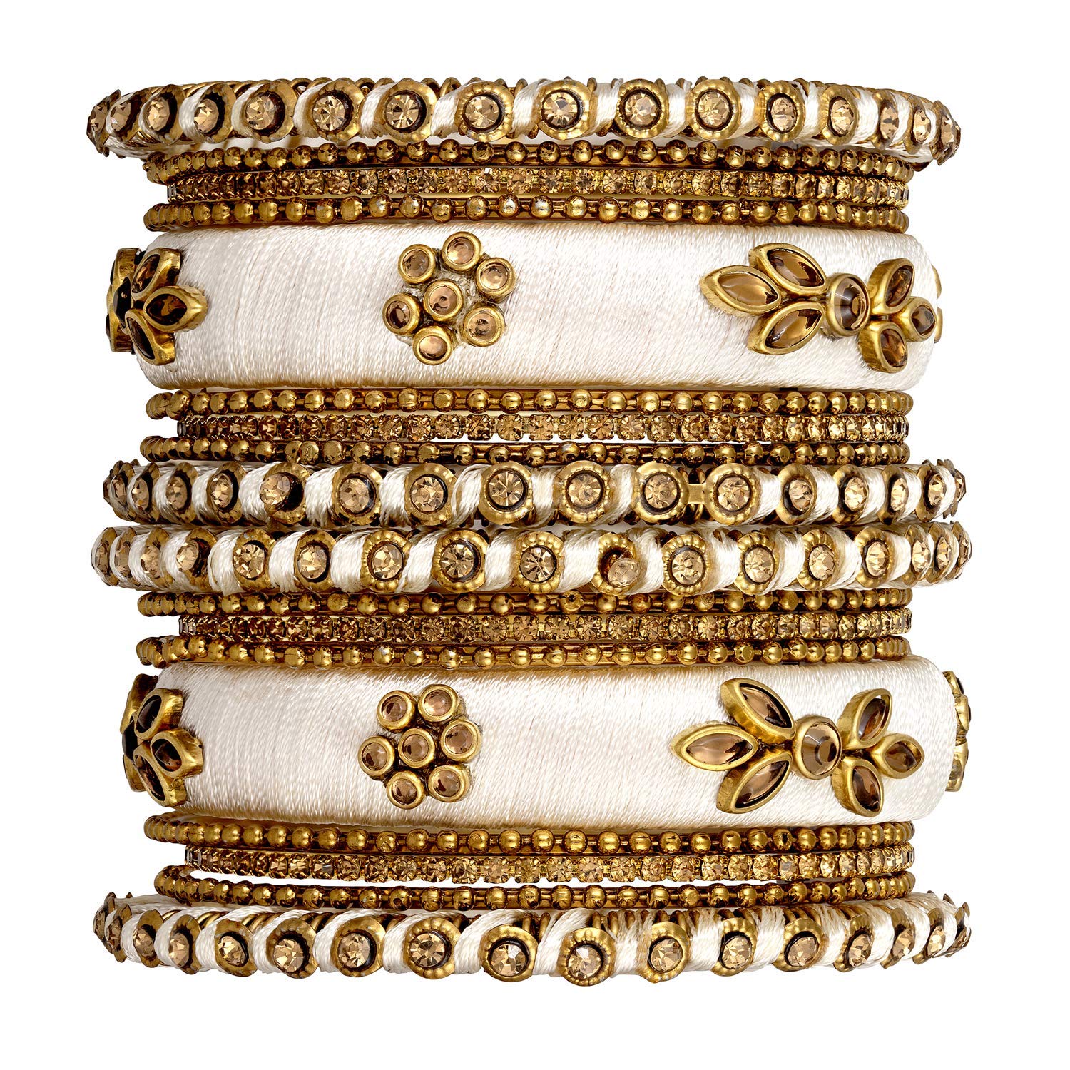Aheli Royal Design Silk Thread Bangle Set Saree Matching Chuda Indian Traditional Wedding Fashion Jewelry for Women (Silk White-Faux Stone, 2.6)
