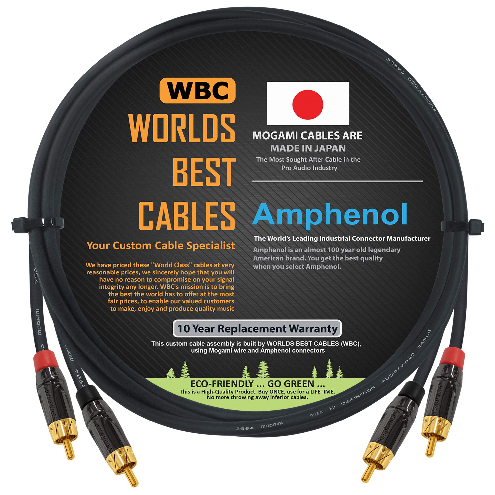 WORLDS BEST CABLES 2.5 Foot – High-Definition Audio Interconnect Cable Pair CUSTOM MADE using Mogami 2964 wire and Amphenol ACPL Black Chrome Body, Gold Plated RCA Connectors