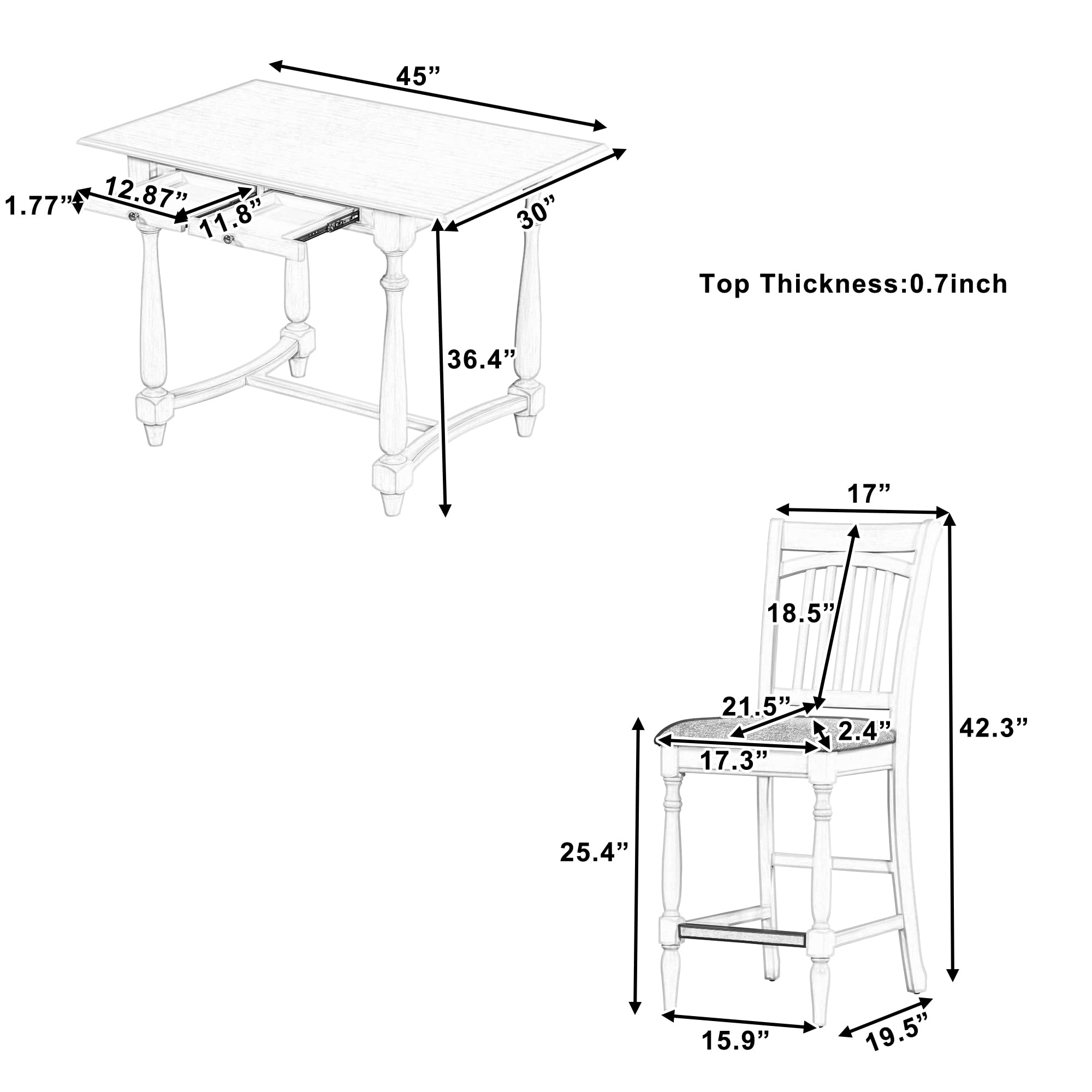 YuiHome Dining Table, Mid-Century Farmhouse 5-Piece Wood Counter Height Kitchen Furniture Set with Storage Drawers and 4 Upholstered Chairs,White, White2