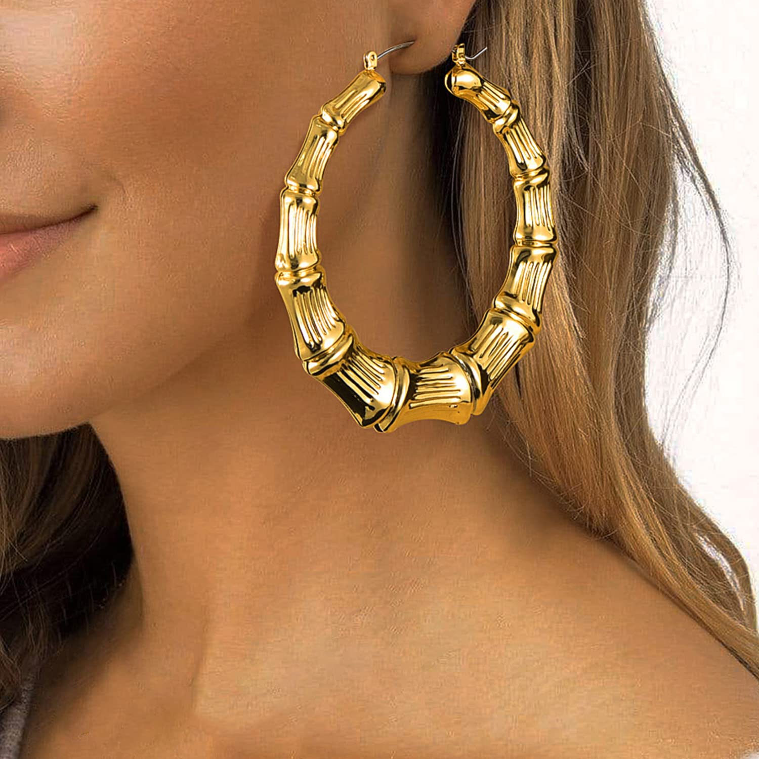 U7 Bamboo Earrings Women 18K Gold Plated 70MM Large Hoops Boho Jewelry Statement Door Knocker Earrings