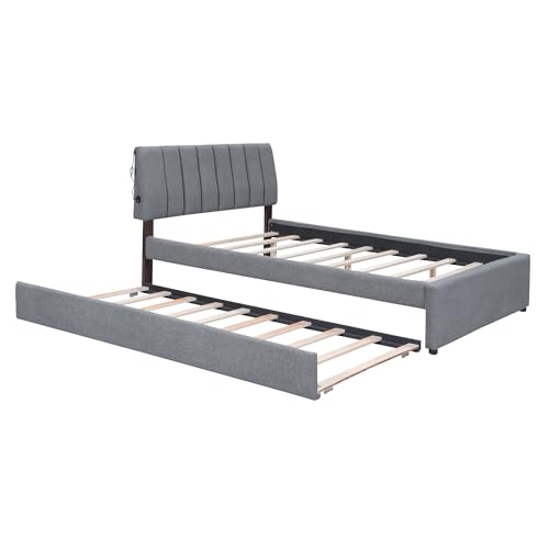 WOXYX Full Size Upholstered Platform Bed,Teddy Fleece Headboard with Trundle,Grey