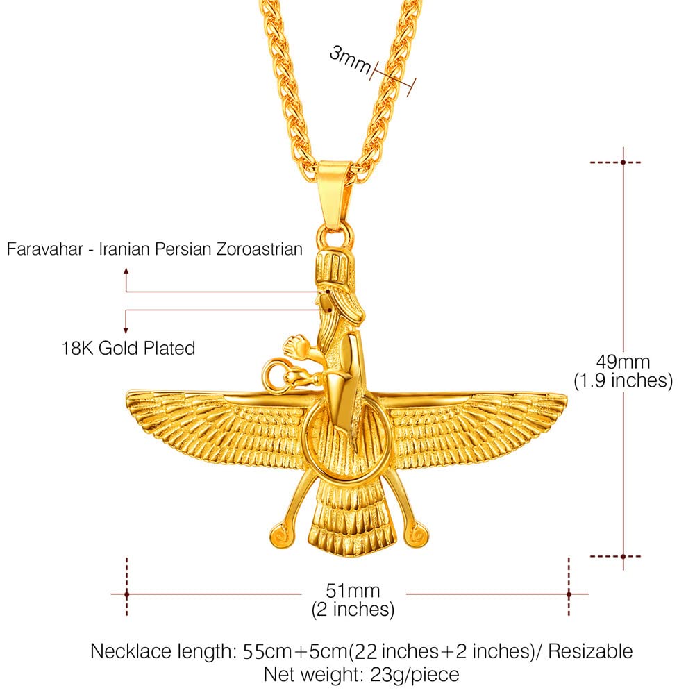 U7 Farvahar Pendant with Chain 18K Gold Plated Symbol of Iran Persian Gift Necklace